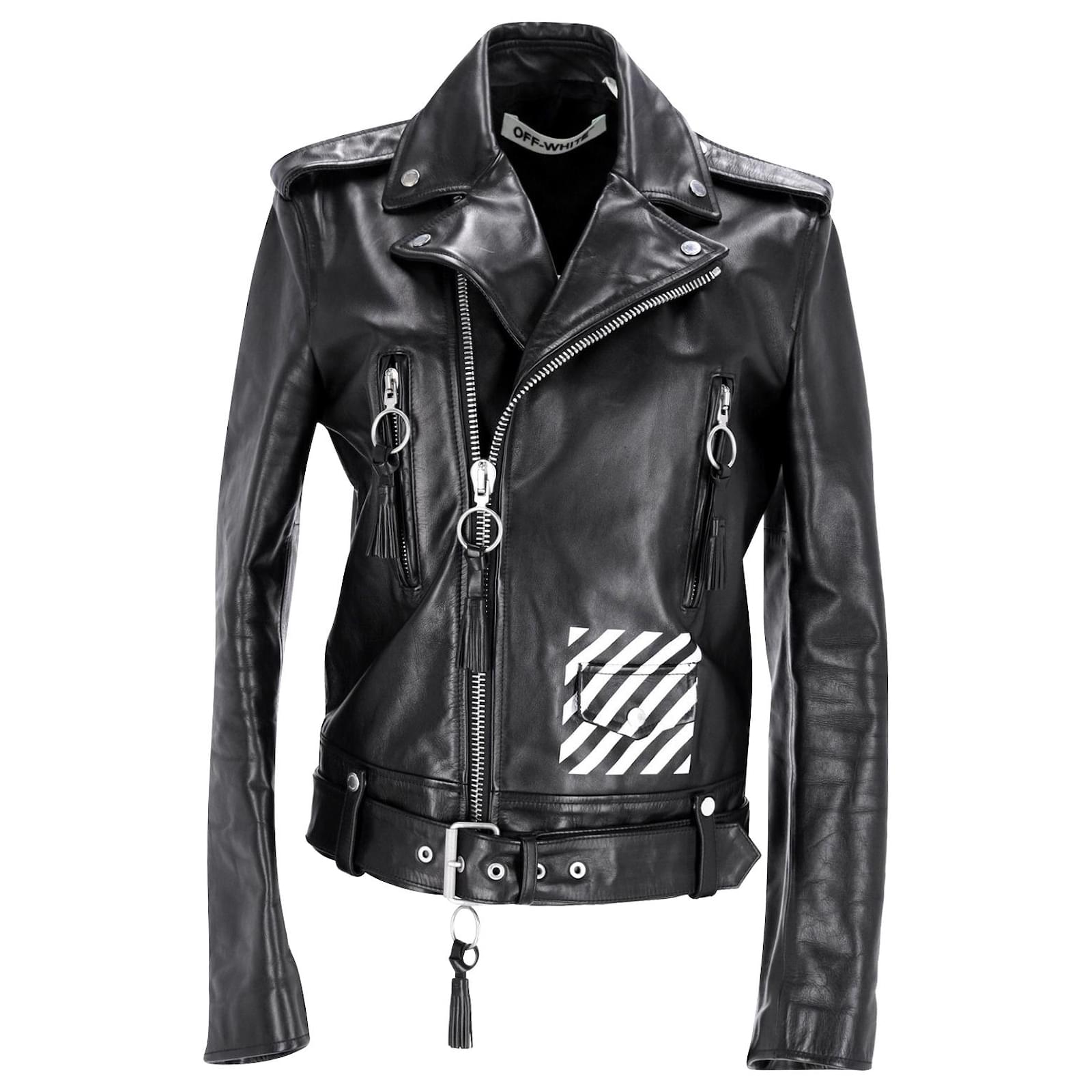Off White Off-White Diagonal Stripe Moto Biker Jacket in Black Leather ...