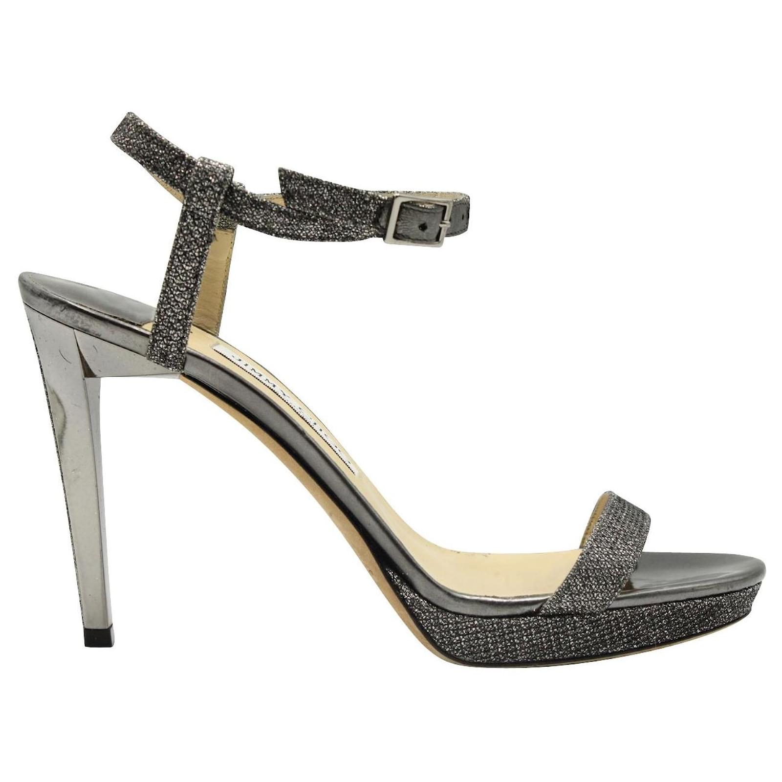 Jimmy Choo Metallic Silver Glitter Sandals/ Heels Silvery Leather ref ...