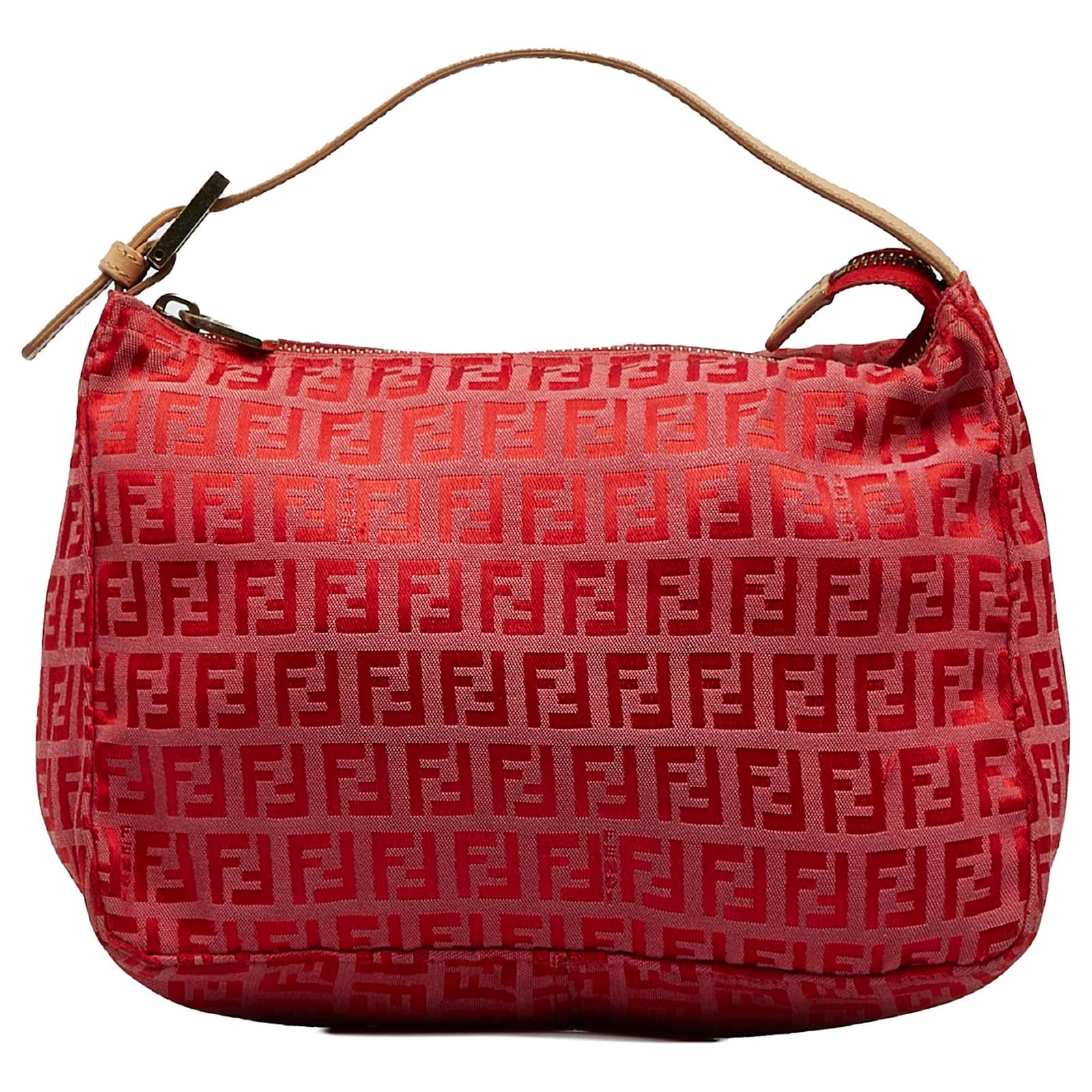 Fendi Red Zucchino Handbag Leather Cloth Pony-style calfskin Cloth ref ...