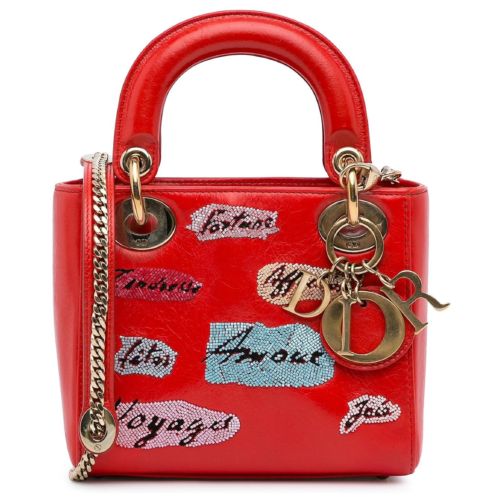 Dior Red Mini Calfskin Sequin Embellished Lady Dior Leather Pony-style ...