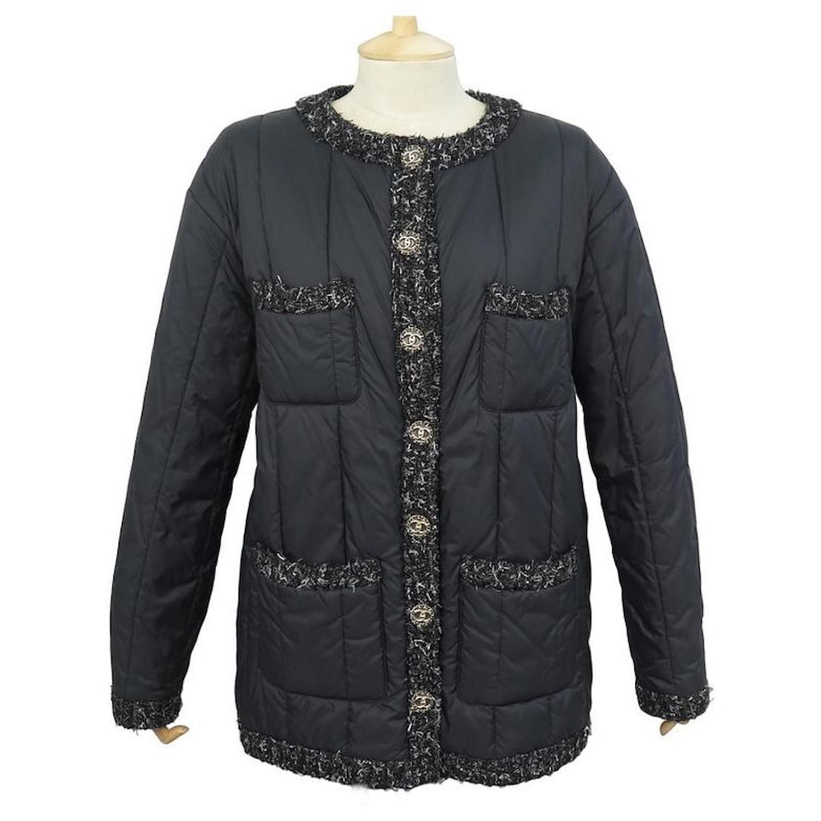NEW CHANEL DOWN COAT T 42 L CC BUTTONS TWEED BANDS JACKET COAT Black ...