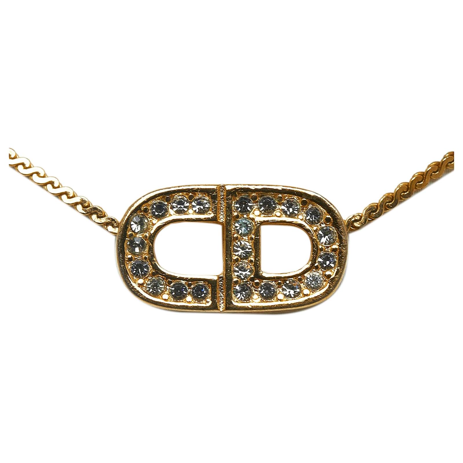 Dior Gold Logo Rhinestone Pendant Necklace Golden Metal Gold-plated ref ...
