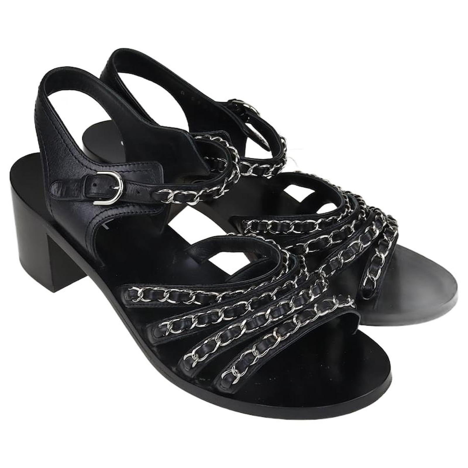 Chanel Black Chain Link Accent Leather Sandals ref.1077672 - Joli Closet