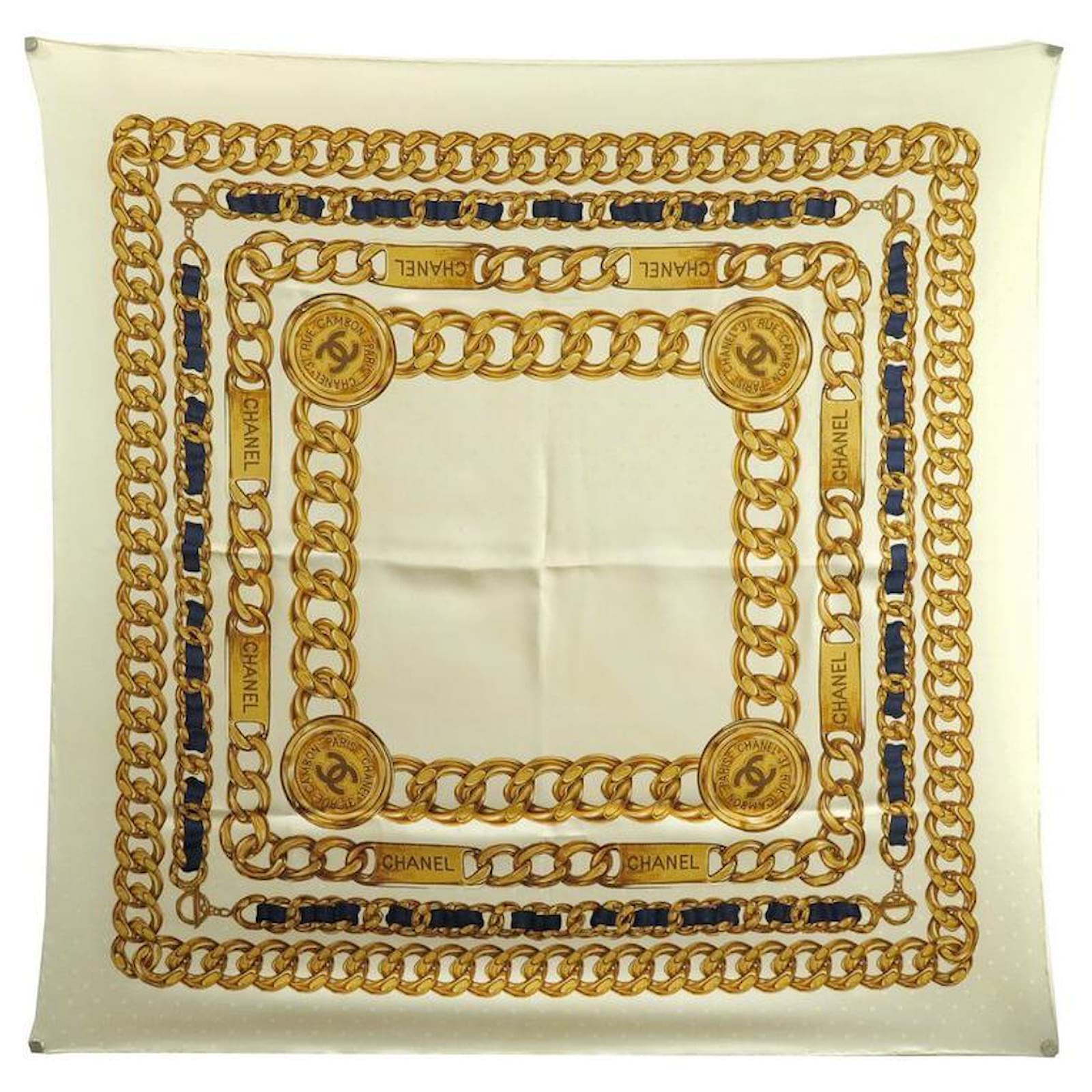 CHANEL SCARF WITH SQUARE CHAINS AND MEDALLIONS 90 IN GOLDEN BEIGE SILK ...