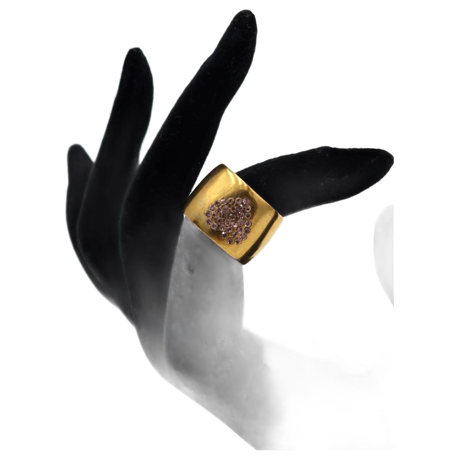 Chanel Vintage Rhinestone lined Sided Ring Golden Metal ref.1080275 ...