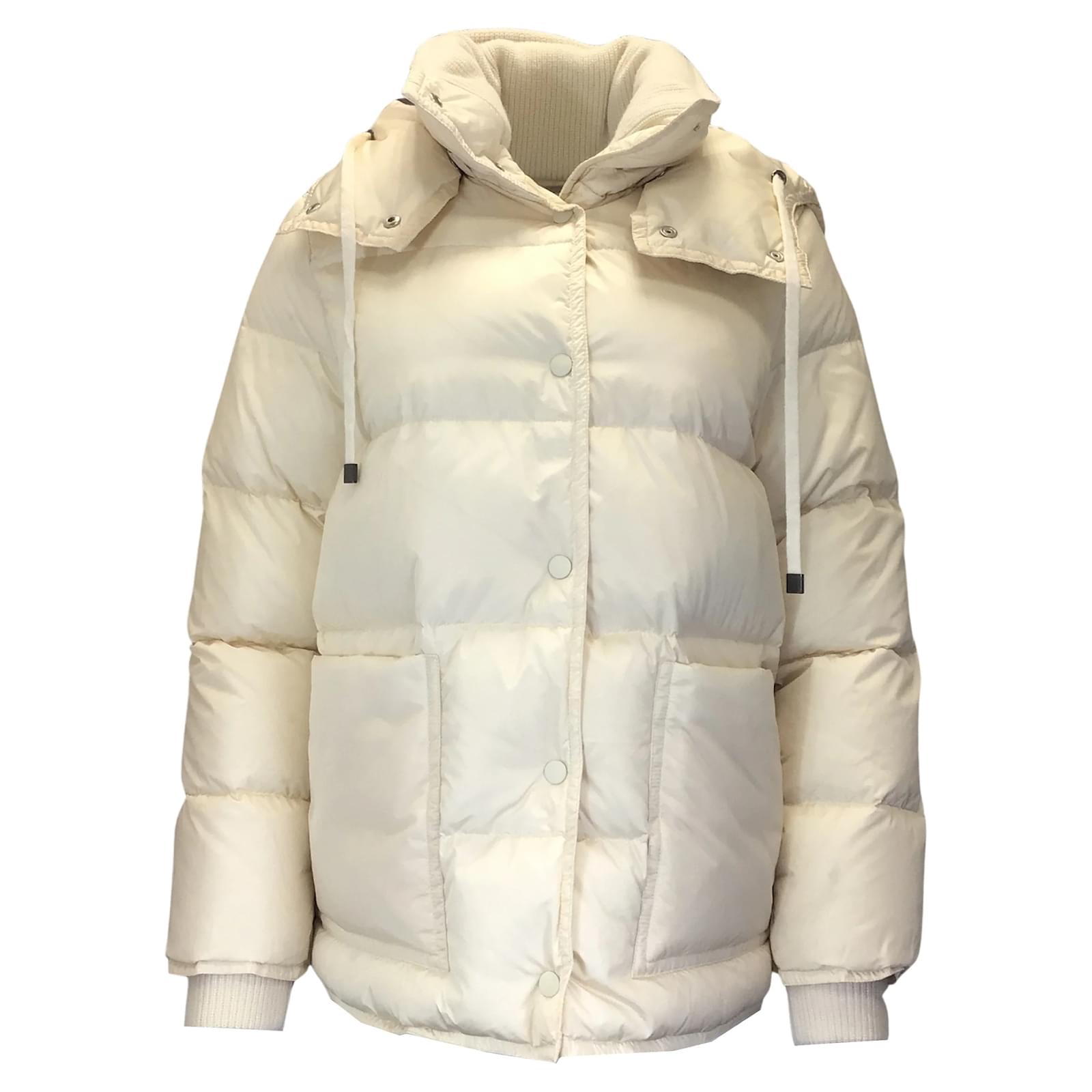 Peserico Ivory Hooded Wool Knit Trimmed Nylon Down Puffer Jacket Cream ...