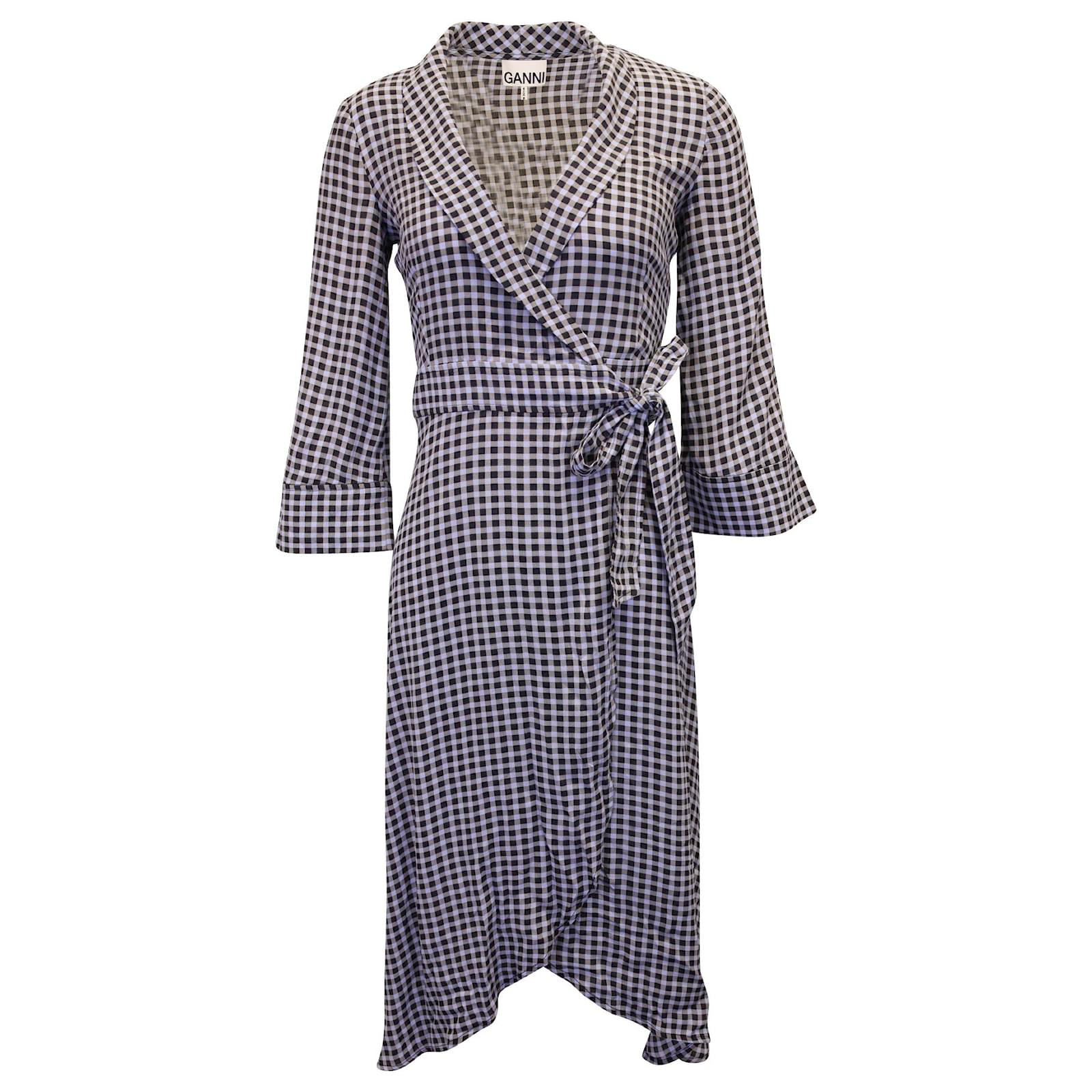 Ganni Checkered Wrap Dress in Blue Viscose Cellulose fibre ref.1082079 ...