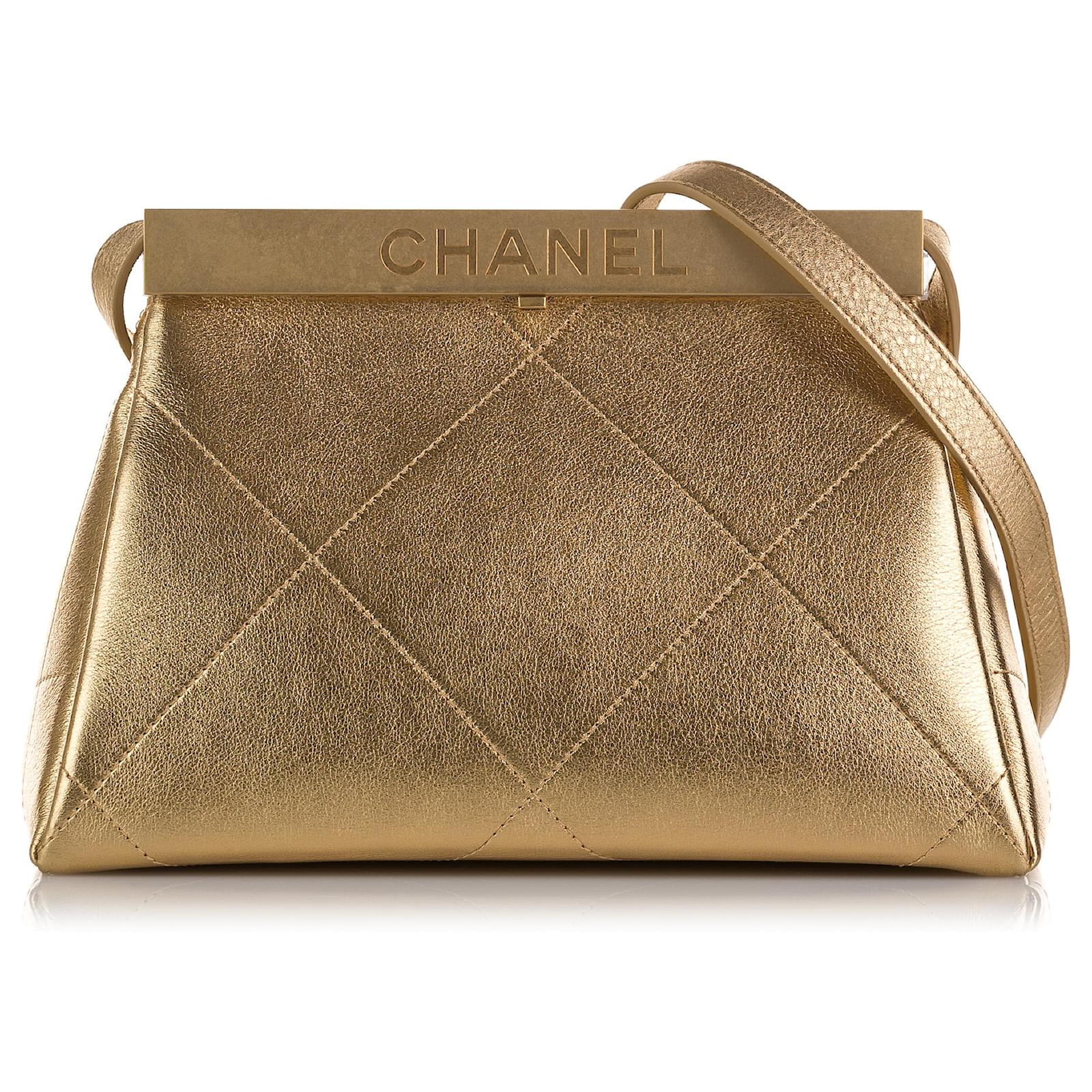 Chanel Gold Kiss Lock Frame Bag Golden Leather Pony-style calfskin ref ...