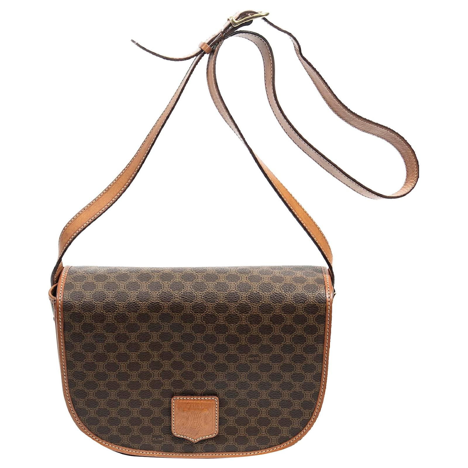 Céline Celine Brown Macadam Crossbody Bag Leather Cloth Pony-style ...