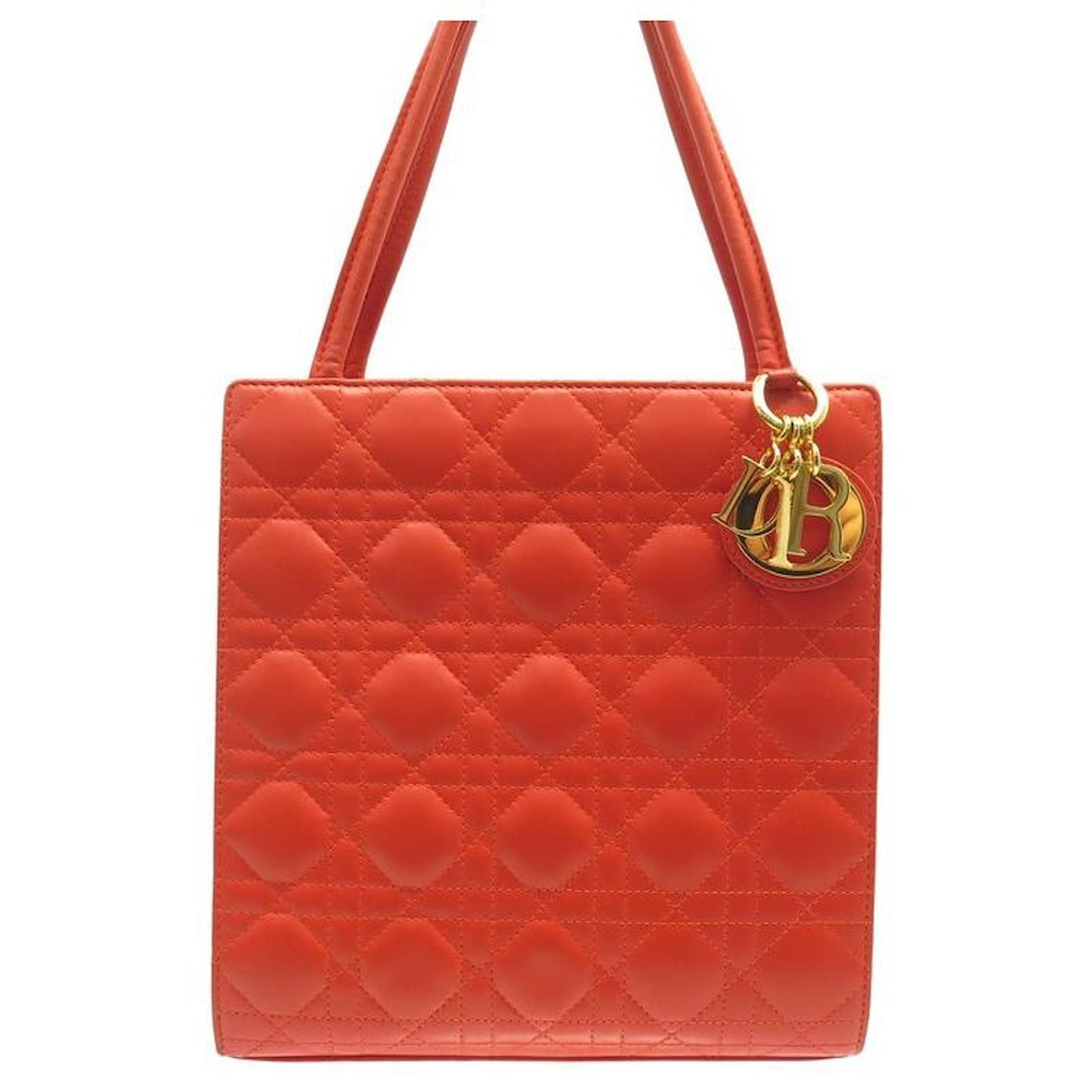 CHRISTIAN DIOR LADY HANDBAG SMALL TOTE CANNAGE LEATHER RED CORAL BAG ...