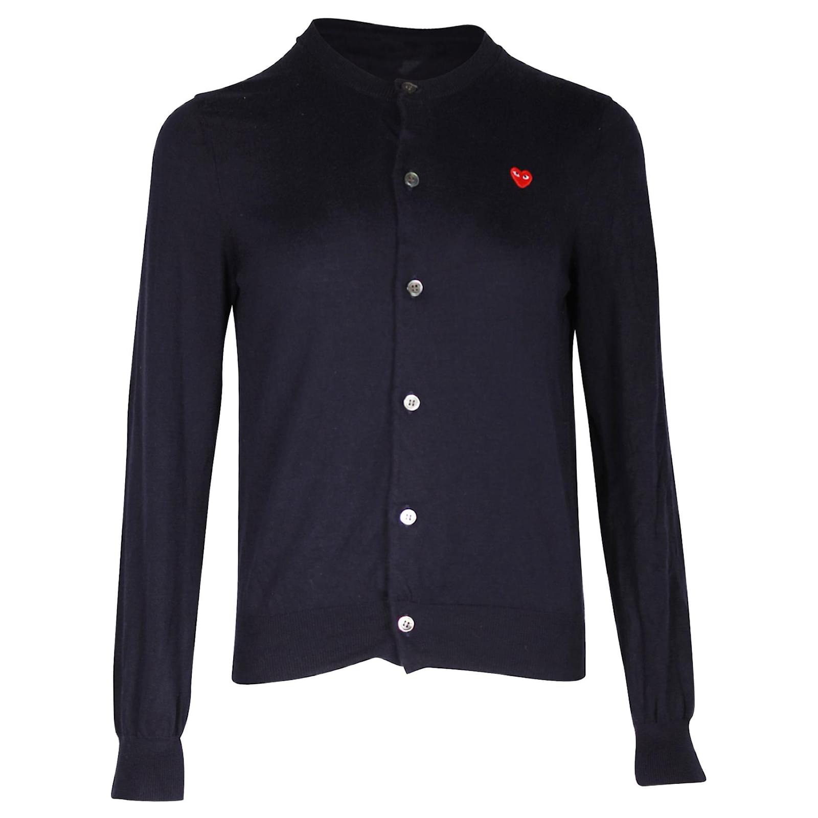 Comme Des Garcons CDG Small Heart Patch Cardigan in Navy Blue Cotton ...