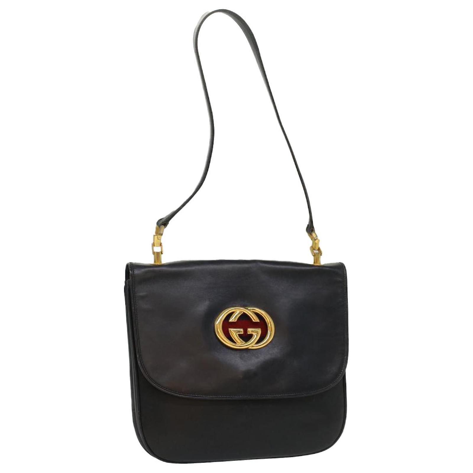 GUCCI Sherry Line Sac à bandoulière Cuir Noir Rouge Marine Auth 55656 ...