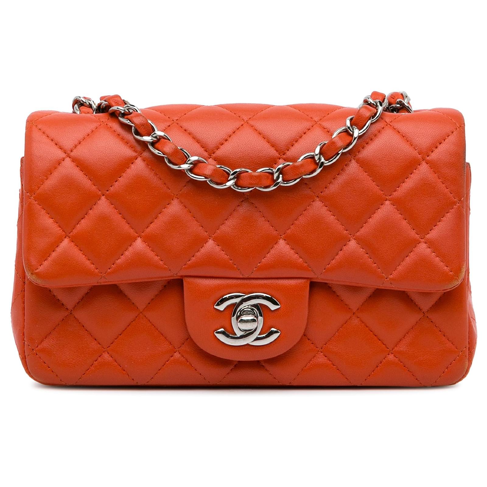 Chanel Orange Mini Rectangular Classic Lambskin Single Flap Leather ref ...