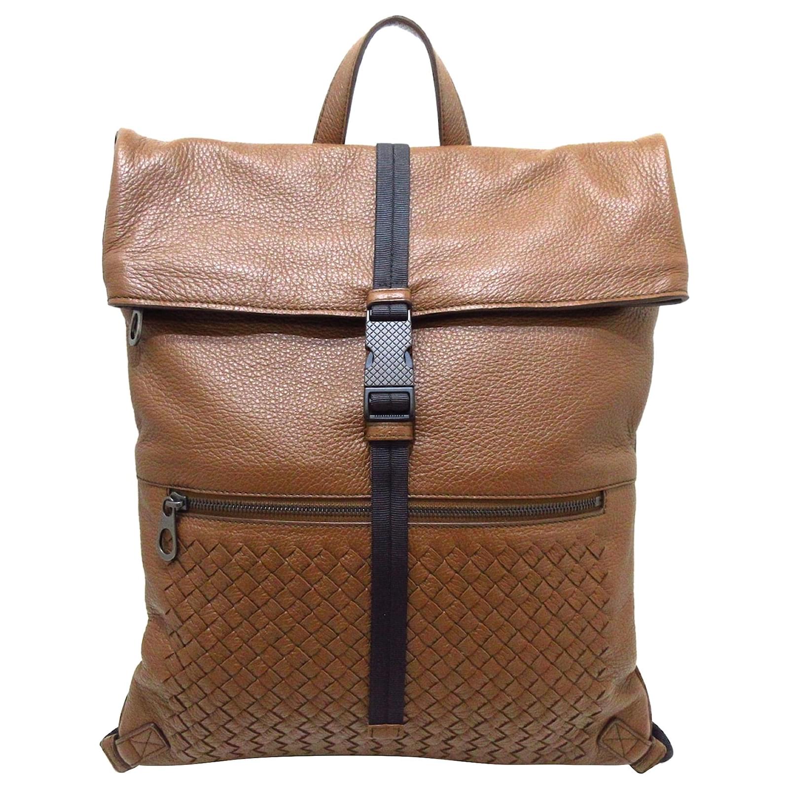 Bottega Veneta Brown Intrecciato Fold-Over Buckle Backpack Leather ref ...