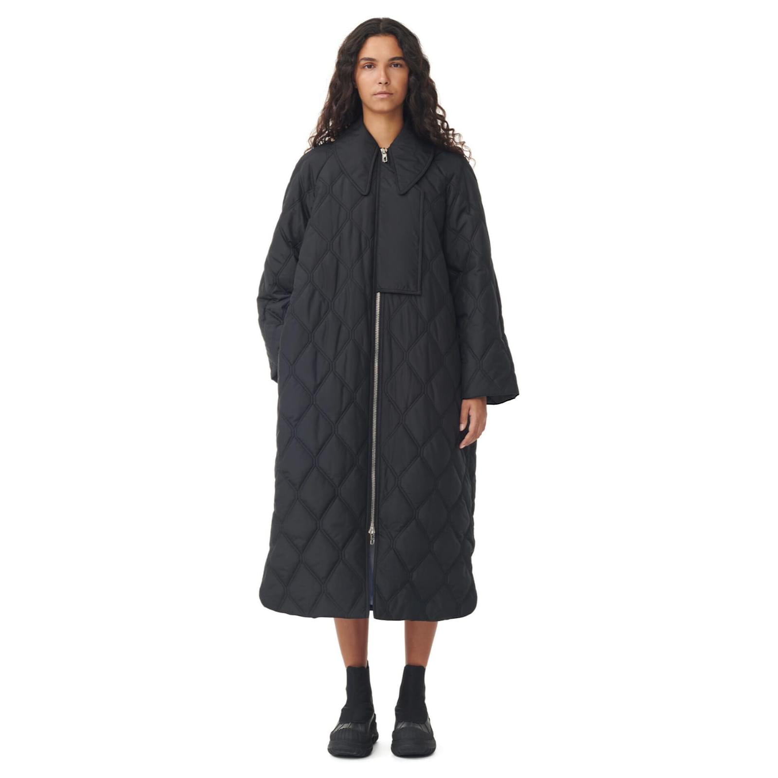 Ganni Ripstop Quilted Long Puffer Coat Black Polyester ref.1102758 ...