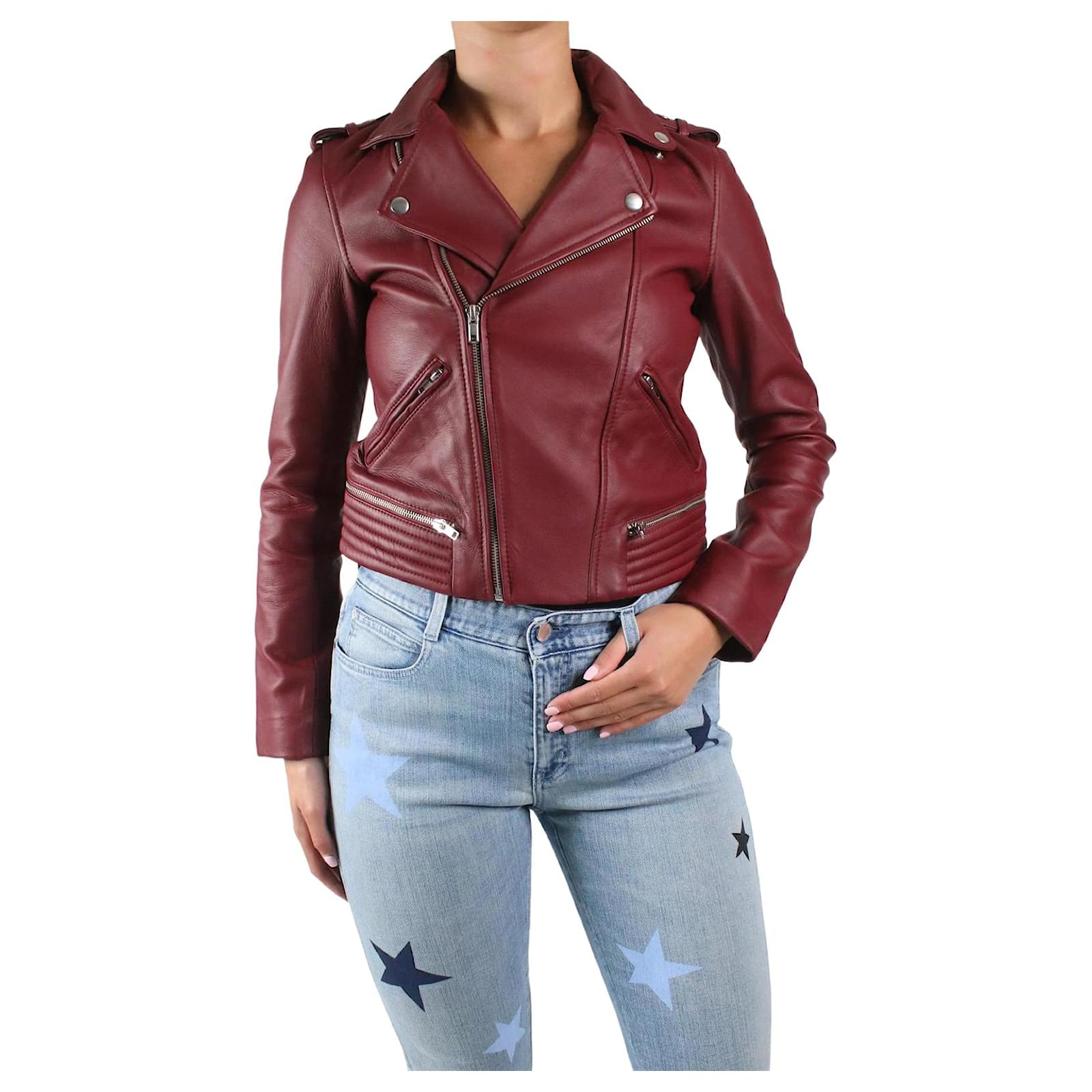 Maje Burgundy leather jacket with zips - size FR 38 Dark red ref ...