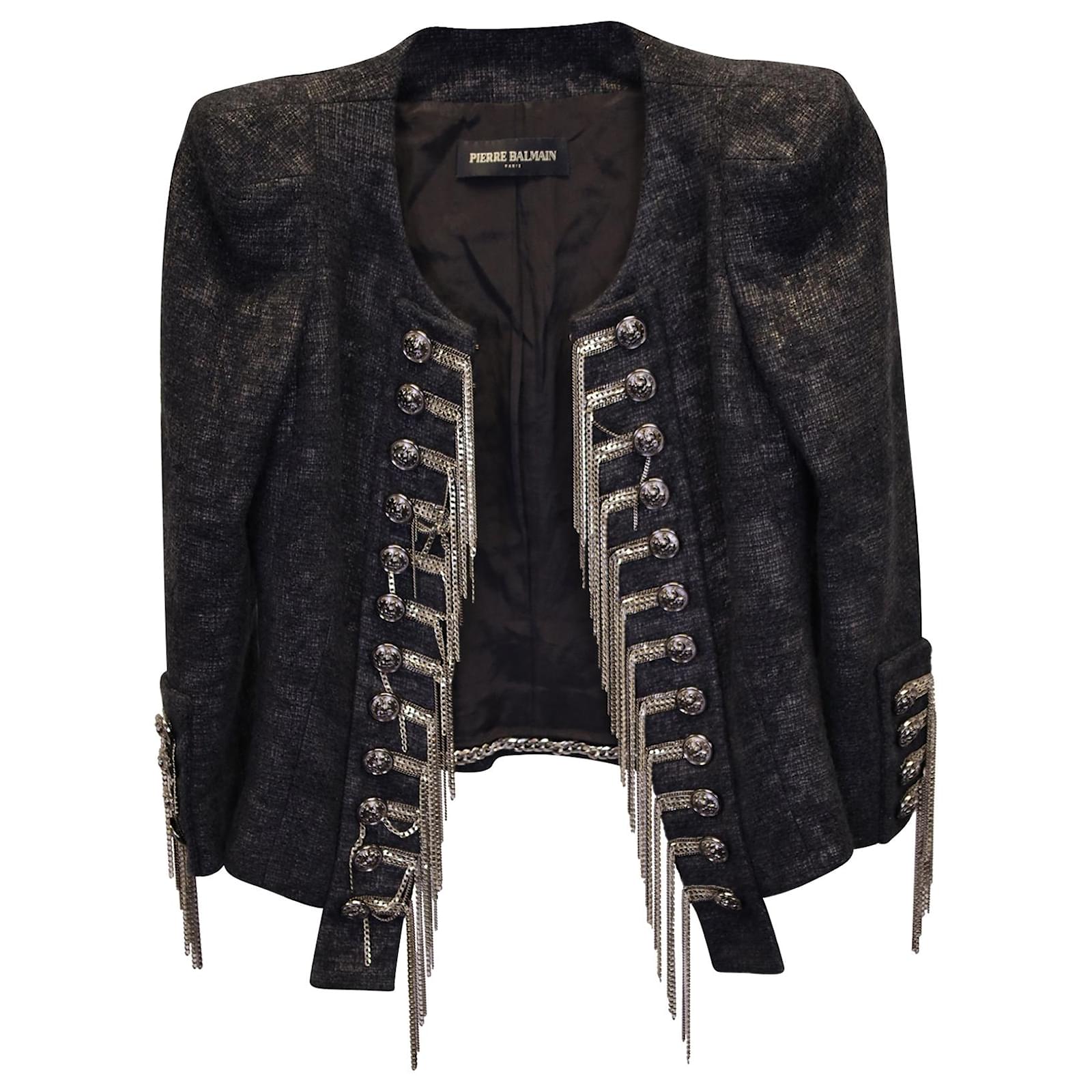 Pierre Balmain Embellished Military Jacket in Grey Silk Brown ref ...