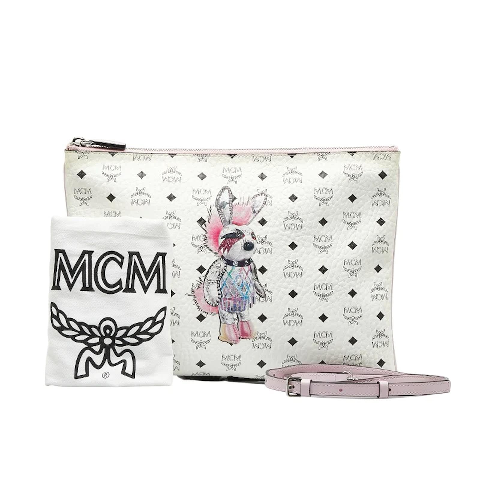MCM Visetos Rabbit Zip Clutch Bag White Cloth ref.1111730 - Joli Closet