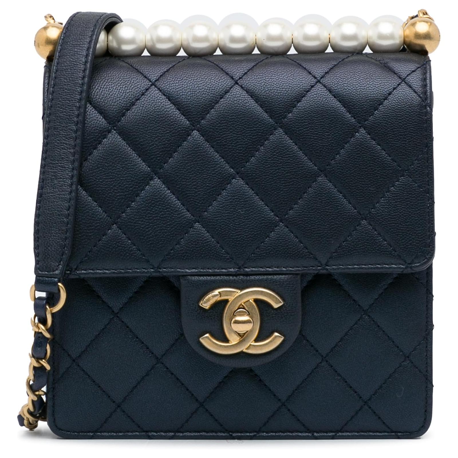 Chanel Blue Small Chic Pearls Flap Bag Navy blue Leather ref.1114212 ...