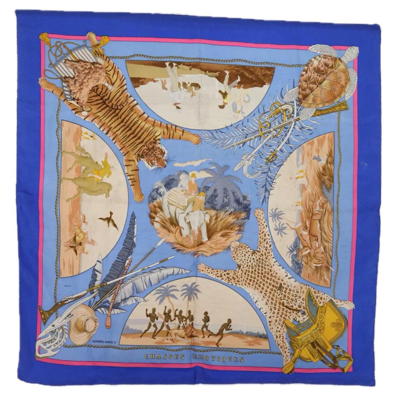 Hermès HERMES CARRE 90 CHASSES EXOTIQUES Scarf Silk Blue Brown Auth ...