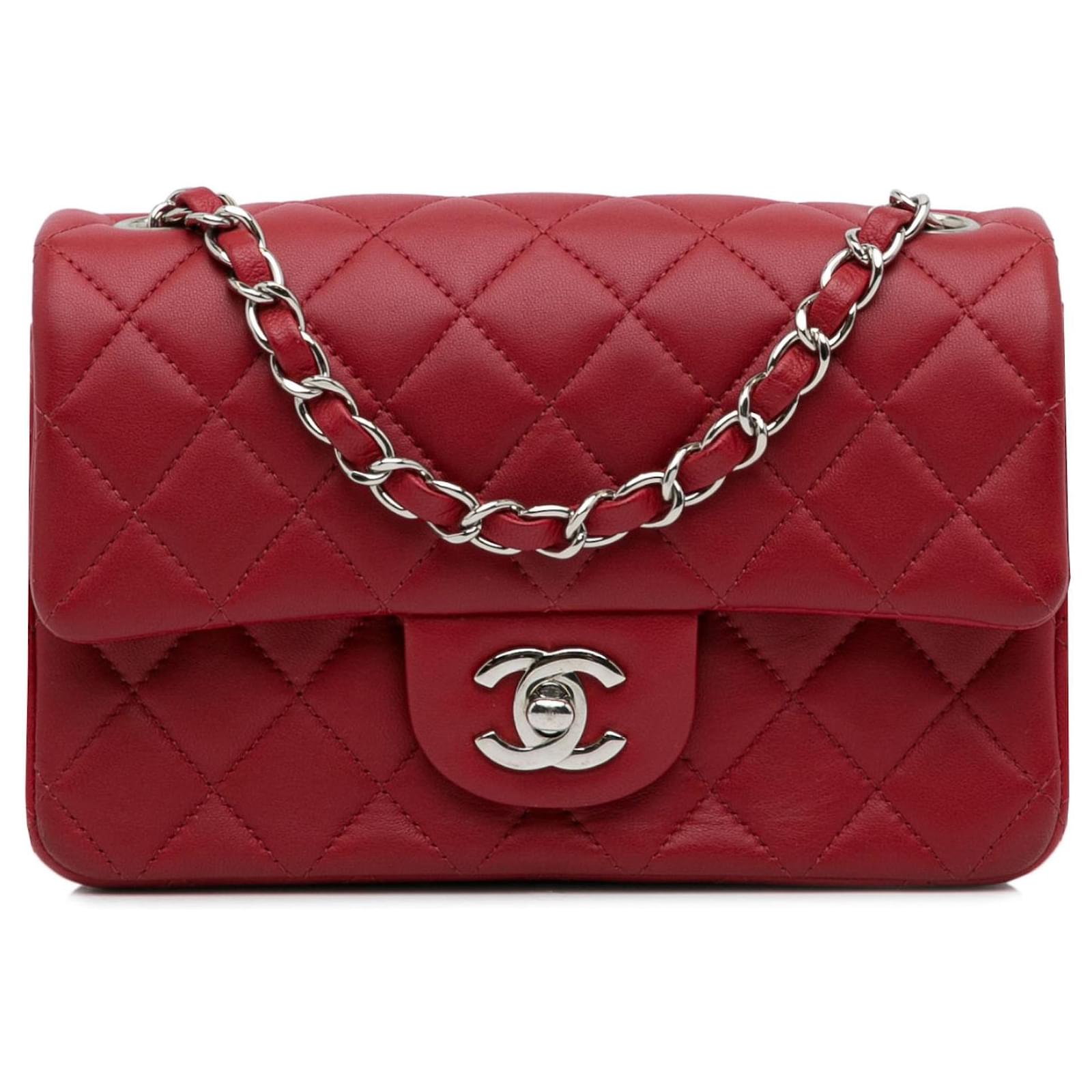 Chanel Red Mini Classic Lambskin Rectangular Single Flap Leather ref ...