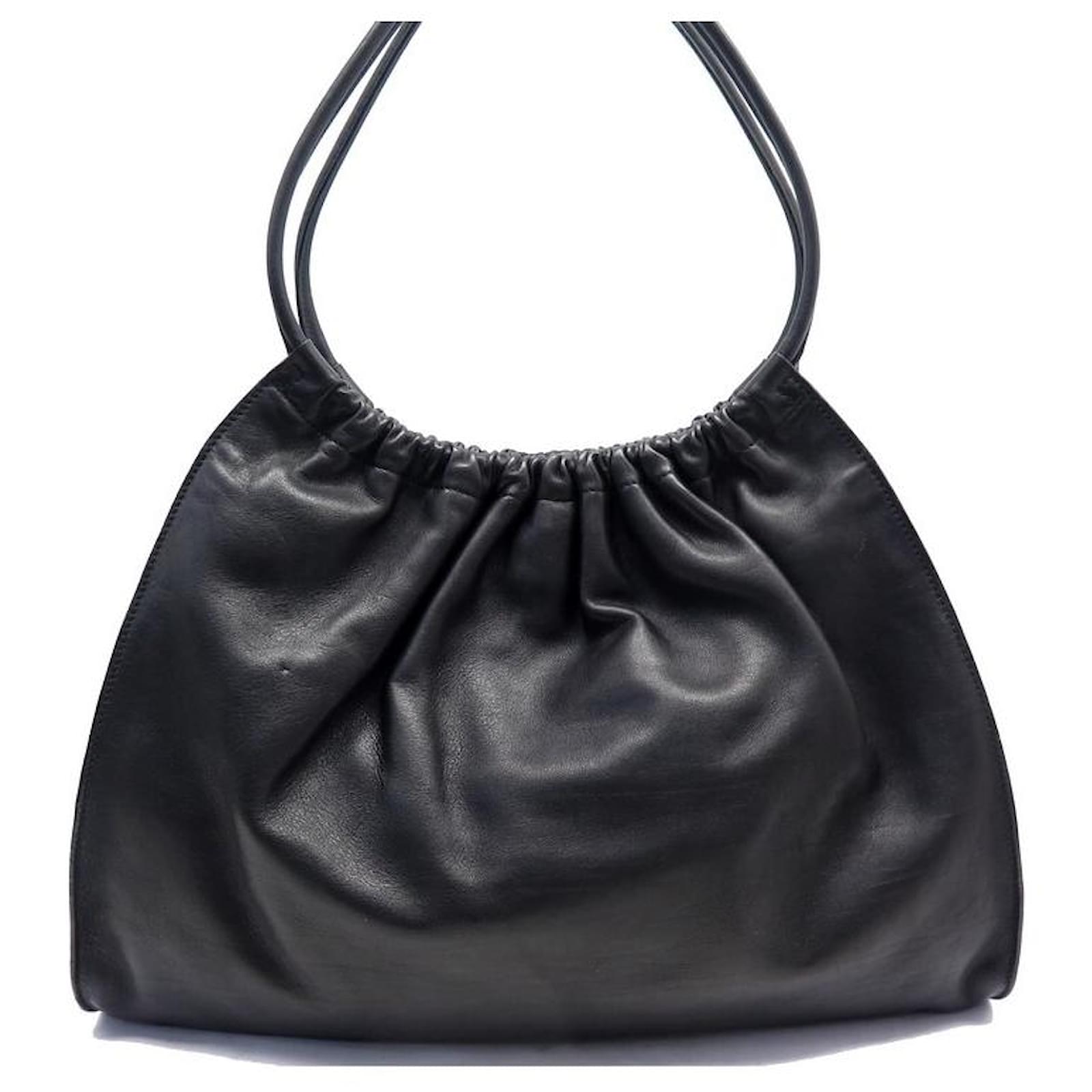 GUCCI CABAS GATHERED HANDBAG 001 4332 BLACK LEATHER SHOULDER RUSHED ...