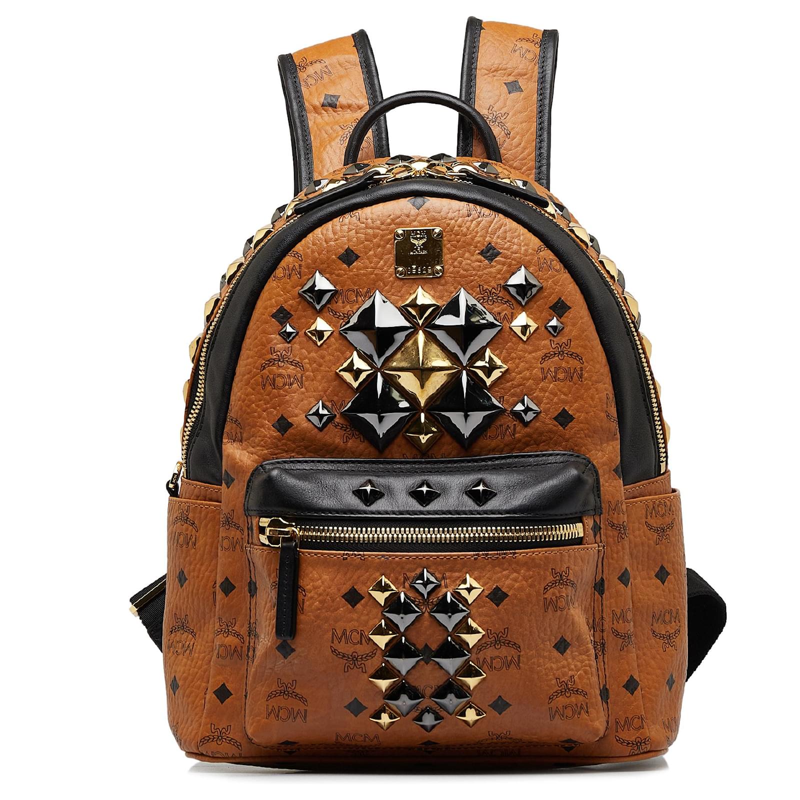 MCM Brown Visetos Studded Stark Brock Backpack Black Leather Cloth Pony ...