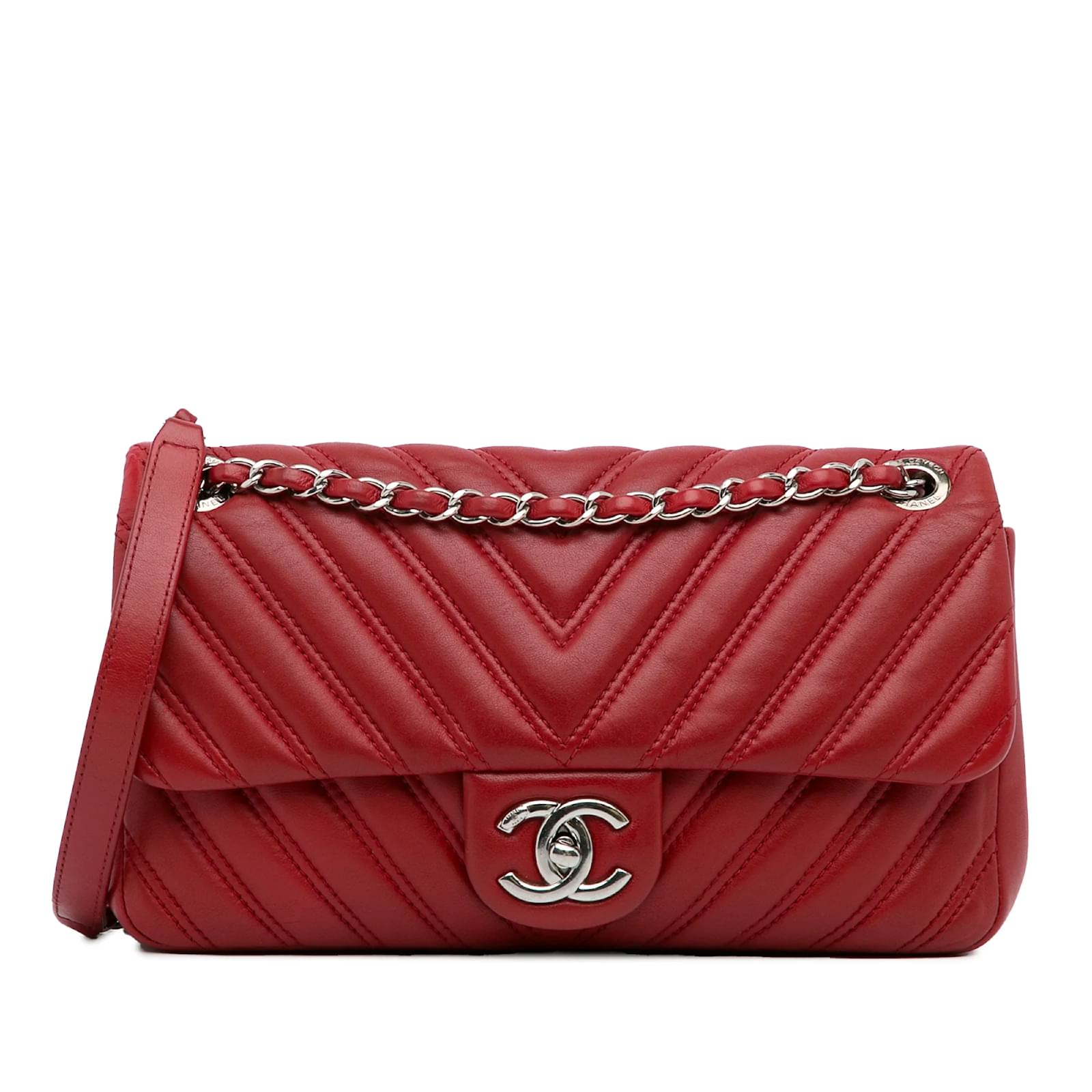 Red Chanel Mini Chevron Quilted Lambskin Rectangular Flap Bag Leather ...