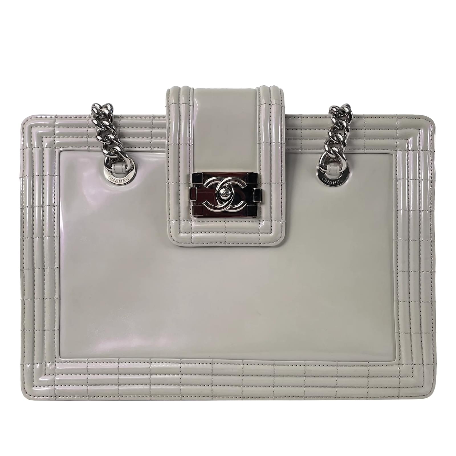 Cabas gris Chanel Iridescent Patent Boy Reverso Shopping Cuir ref ...