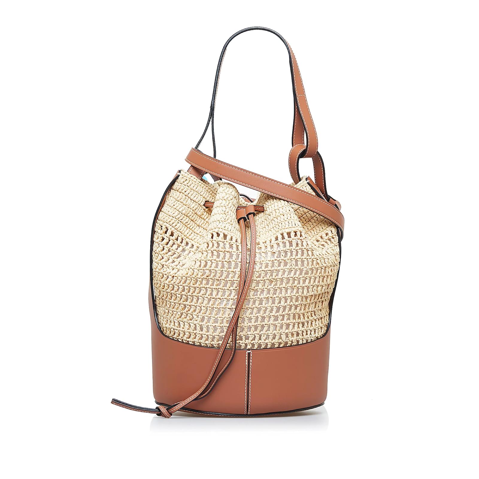 Tan Loewe Raffia Balloon Bag Satchel Camel Leather ref.1150525 - Joli ...