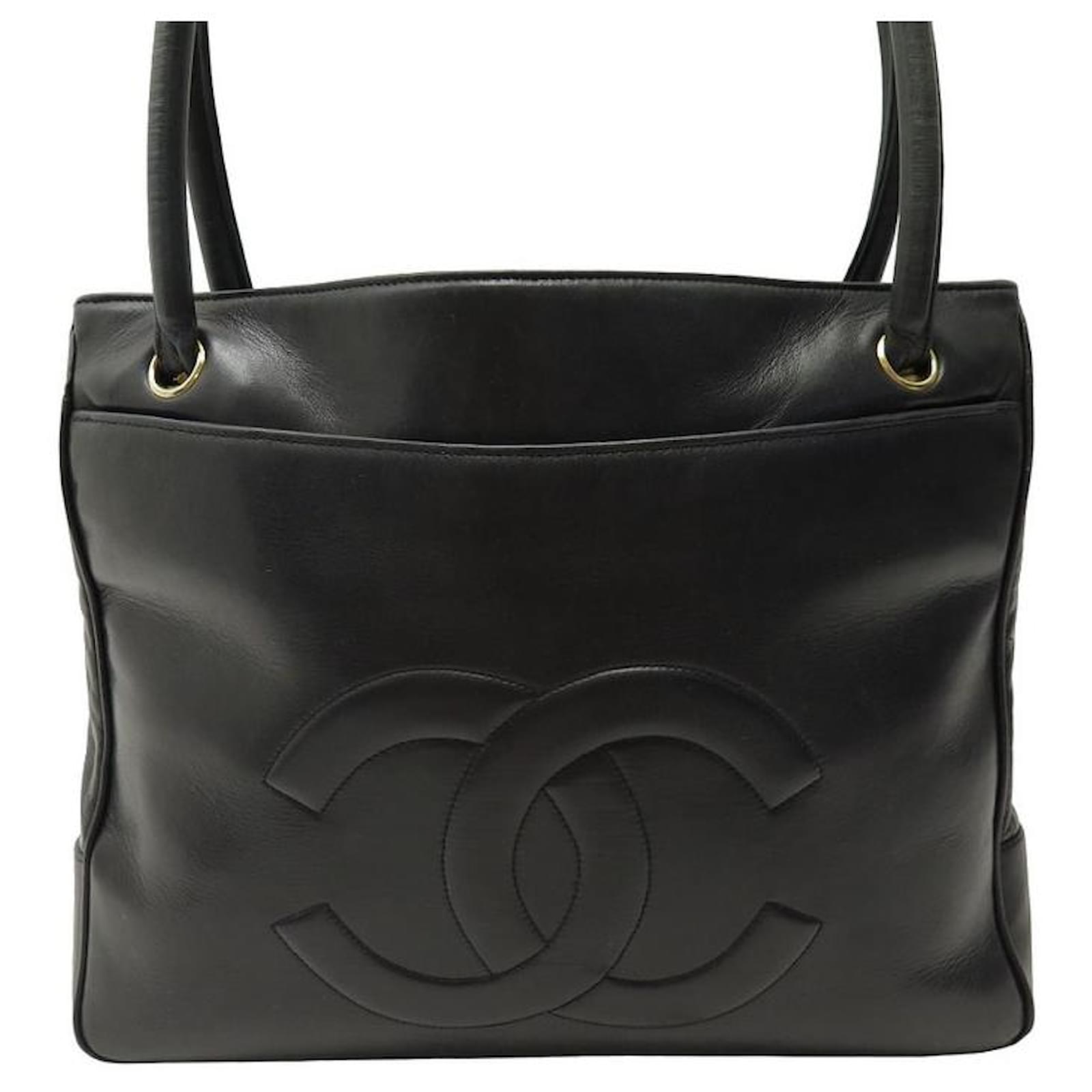 CHANEL HANDBAG TOTE SHOPPING CC LOGO BLACK LEATHER SHOULDER HAND BAG ...