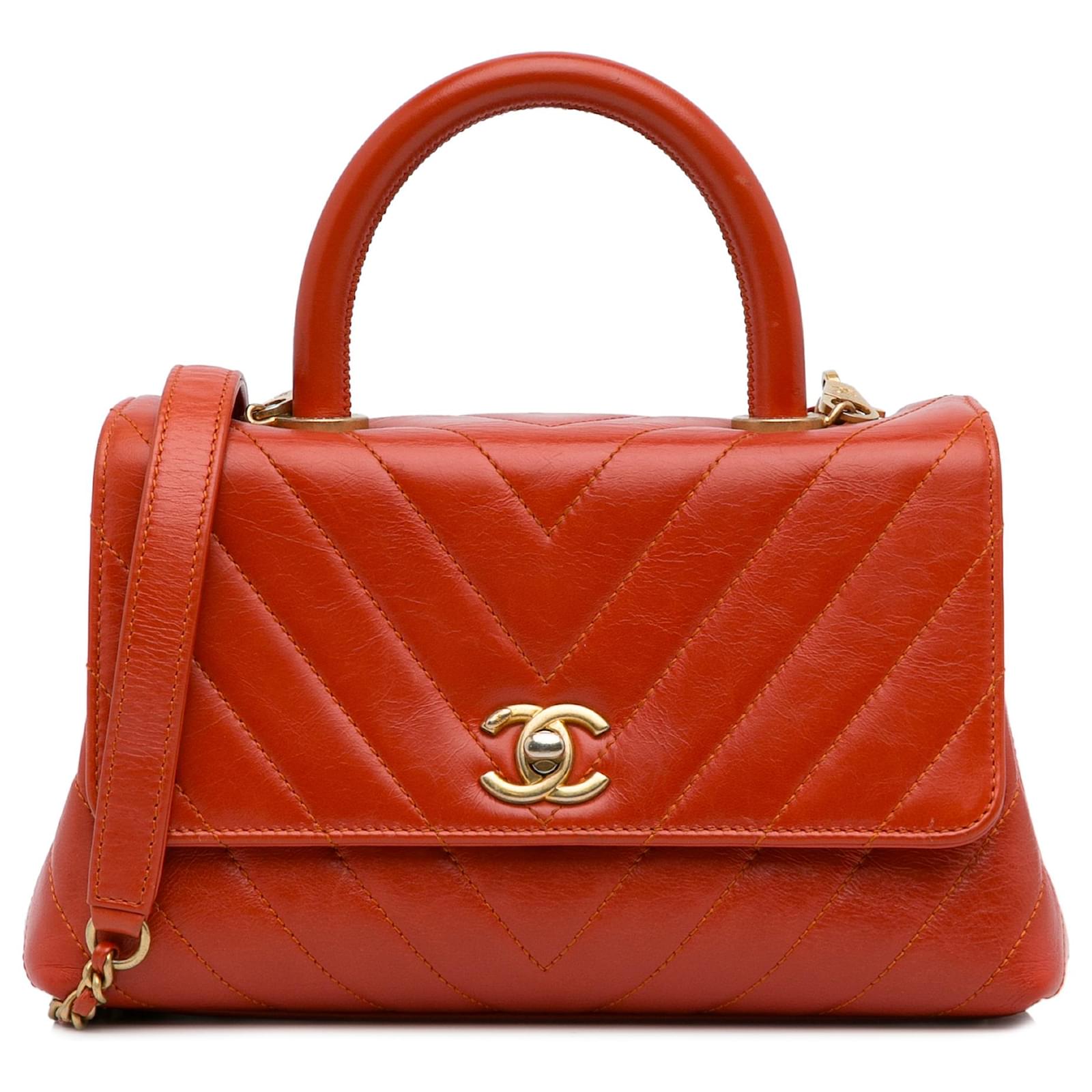Coco Handle Chanel Red Small Lambskin Chevron Coco Top Handle Bag (Sold ...