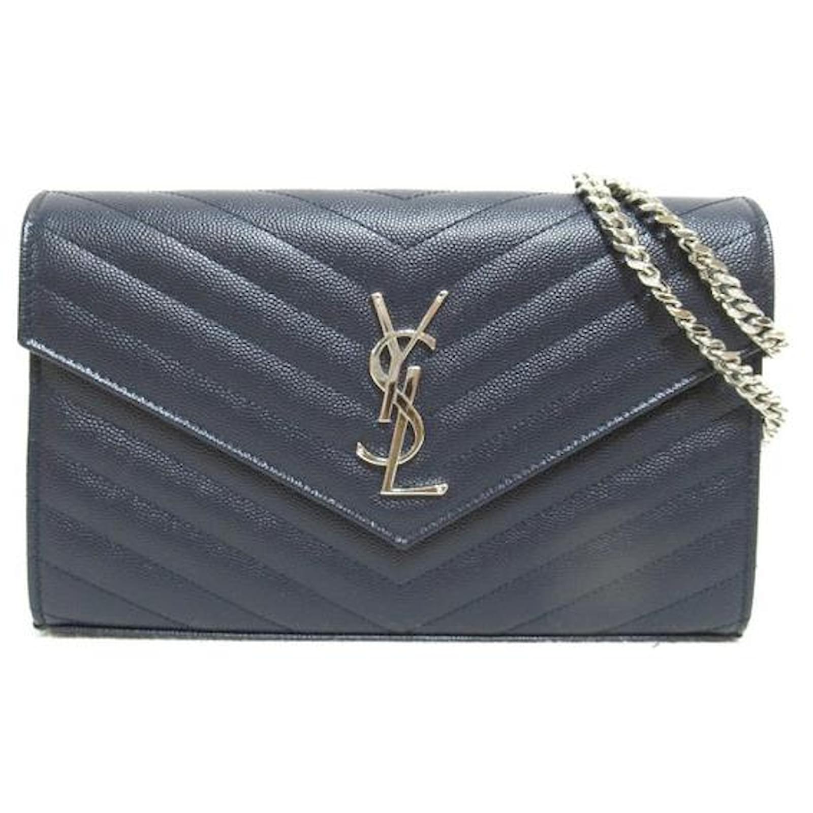 Yves Saint Laurent Classic Cassandre Wallet on Chain Blue Leather ref ...
