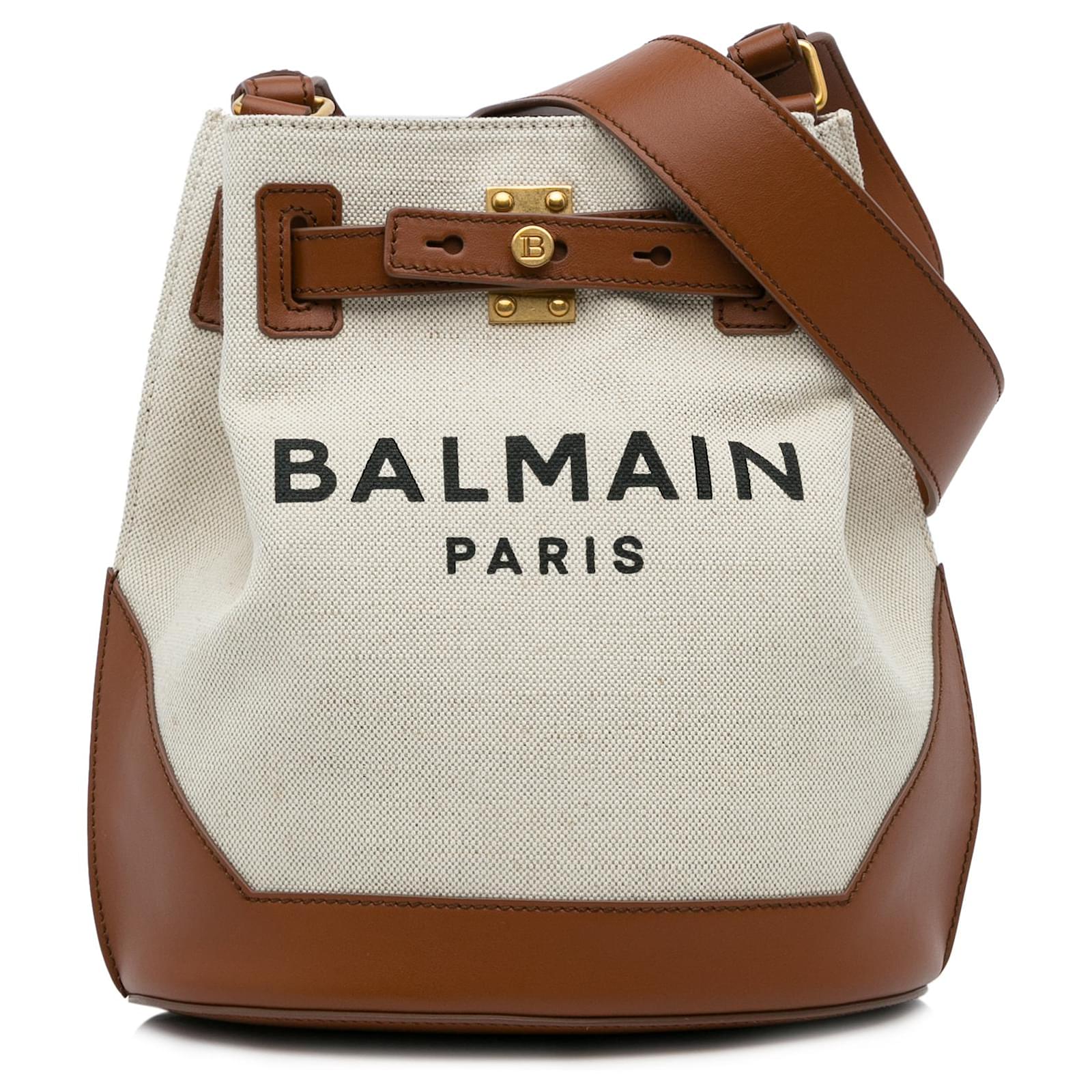 Balmain Brown B Army Bucket Bag Beige Leather Cloth Pony-style calfskin ...