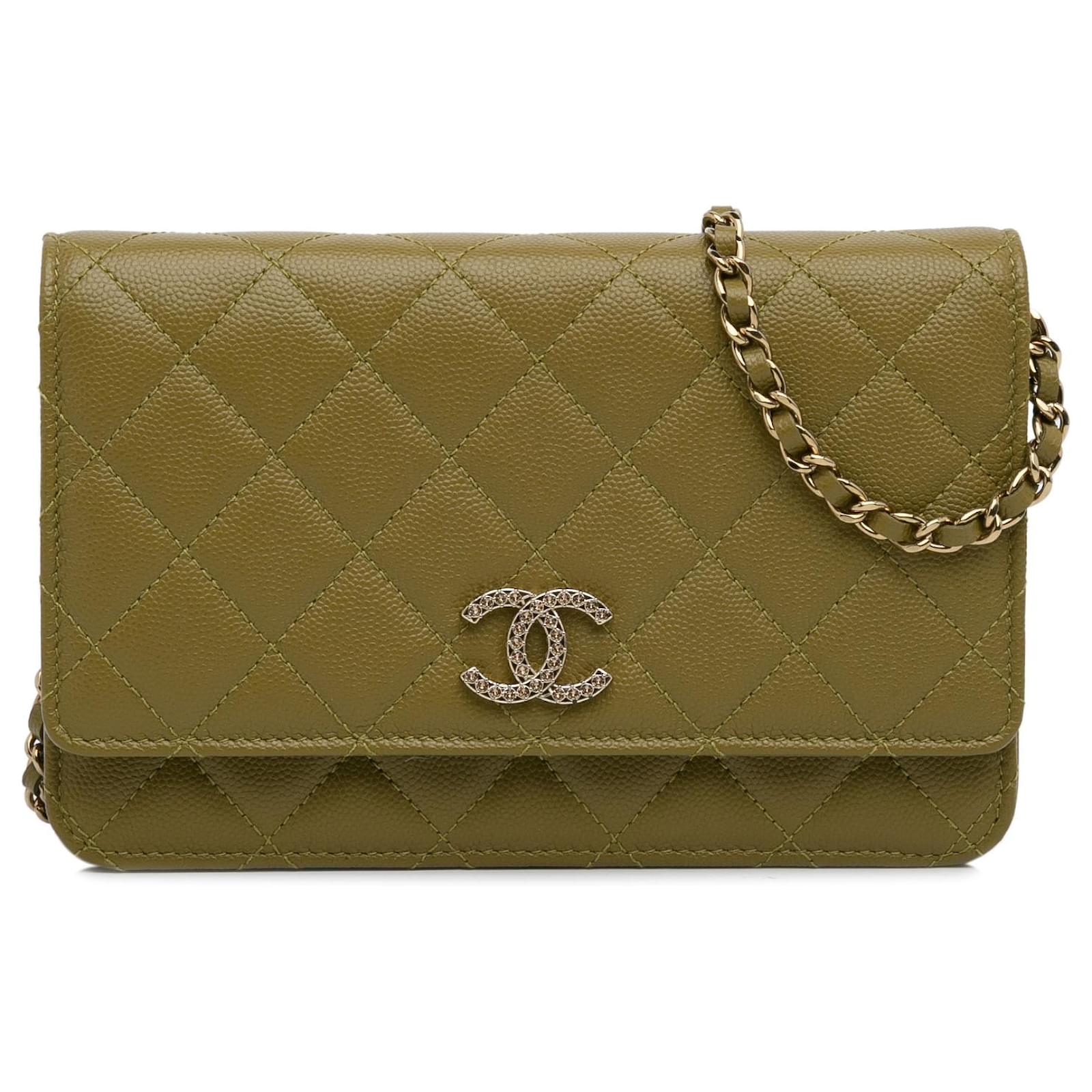 Chanel Green Classic Caviar Crystal Wallet on Chain Olive green Leather ...