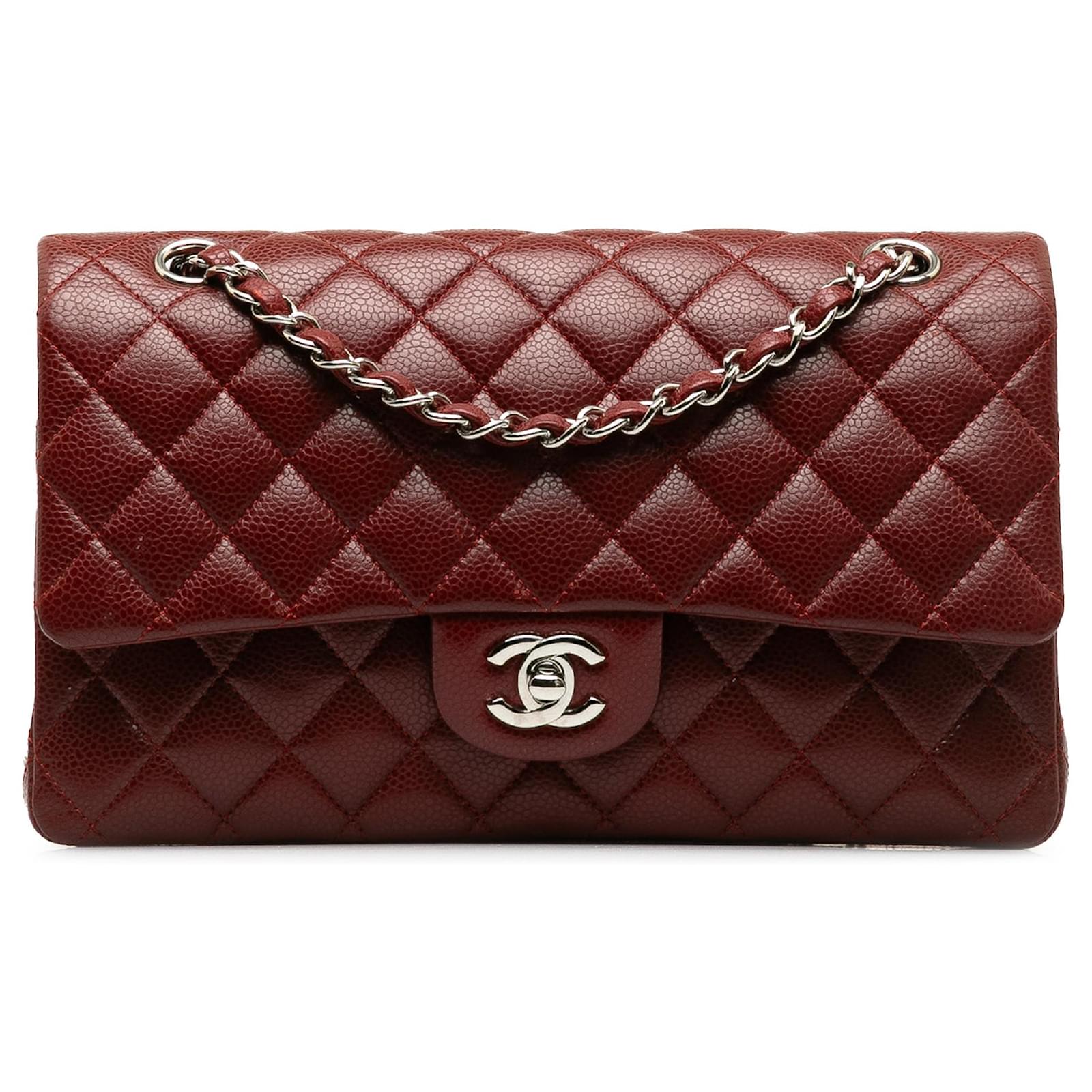Chanel Red Medium Classic Caviar Double Flap Dark red Leather ref ...