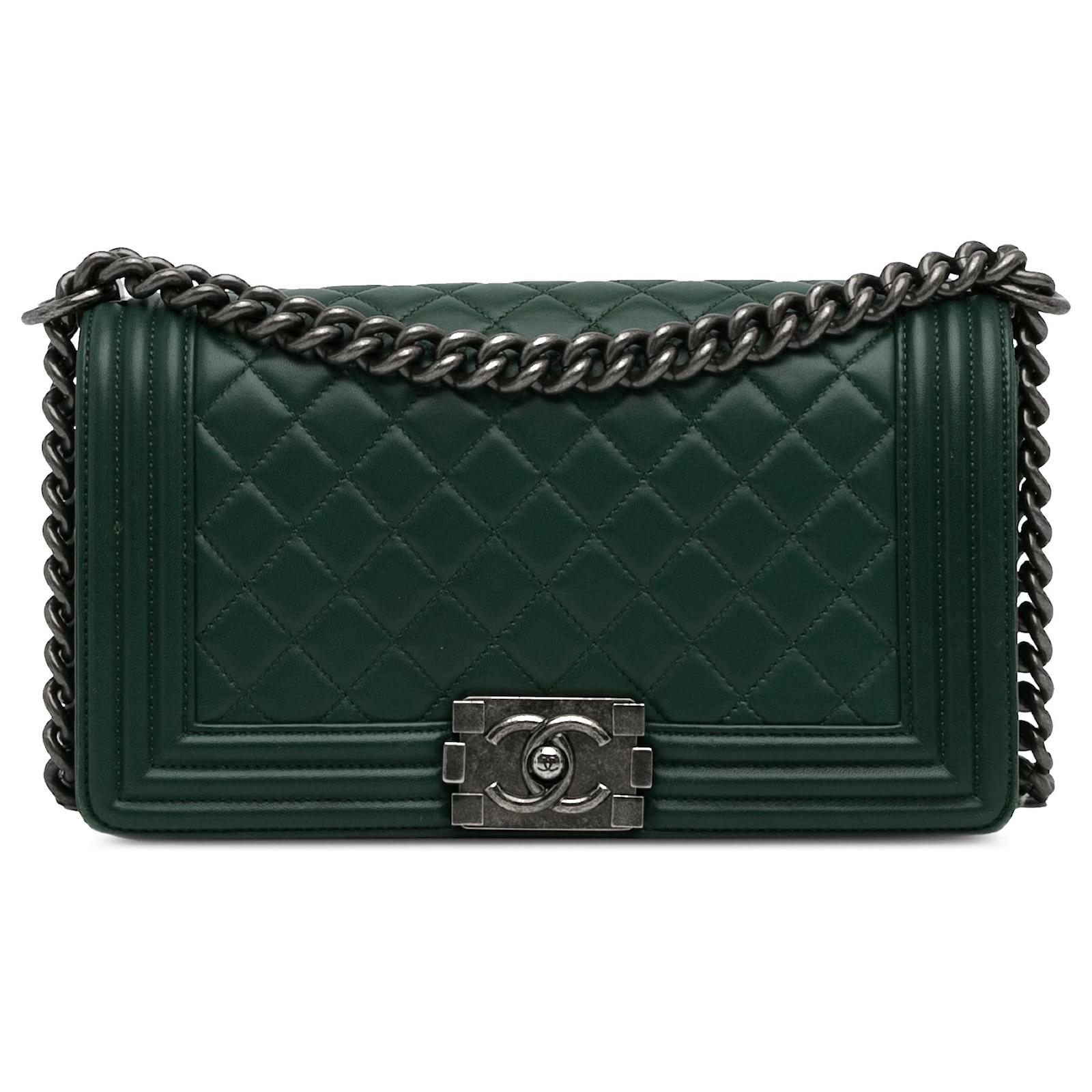 Chanel Green Medium Lambskin Boy Flap Bag Dark green Leather ref ...