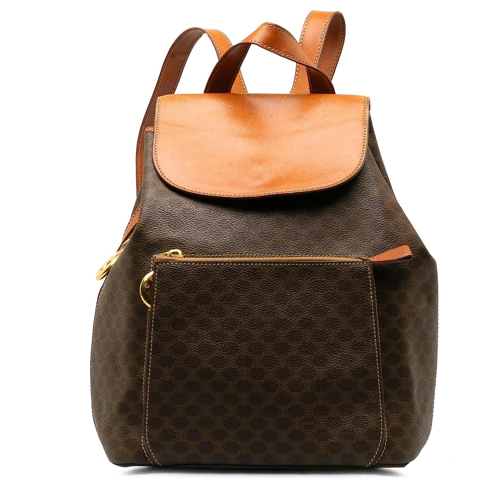 Céline Celine Brown Macadam Backpack Leather Cloth Pony-style calfskin ...