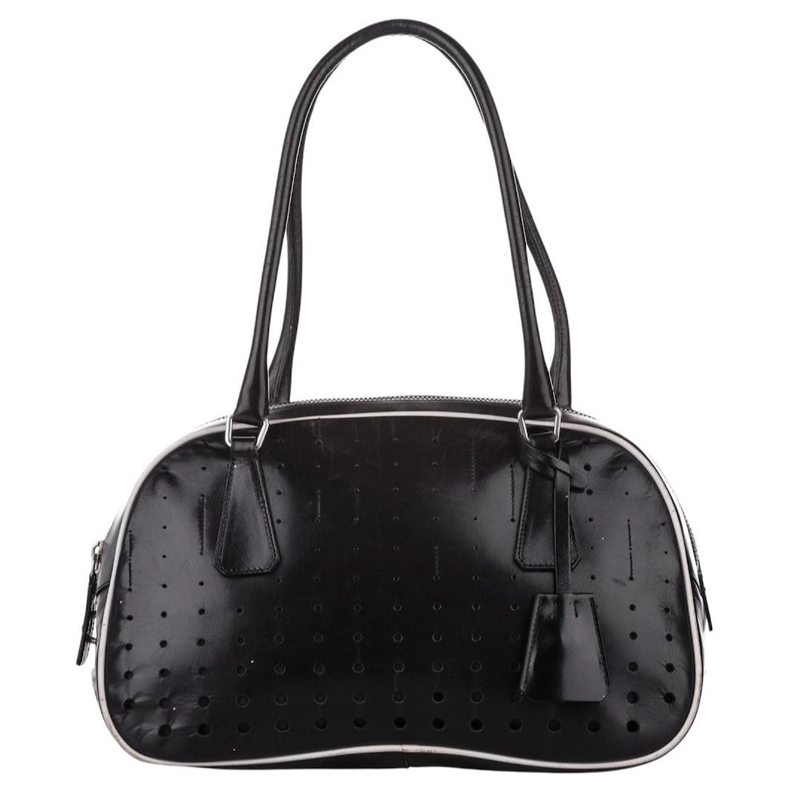 Prada Saffiano Bowling Black with Prada monogram logo on triangle White ...