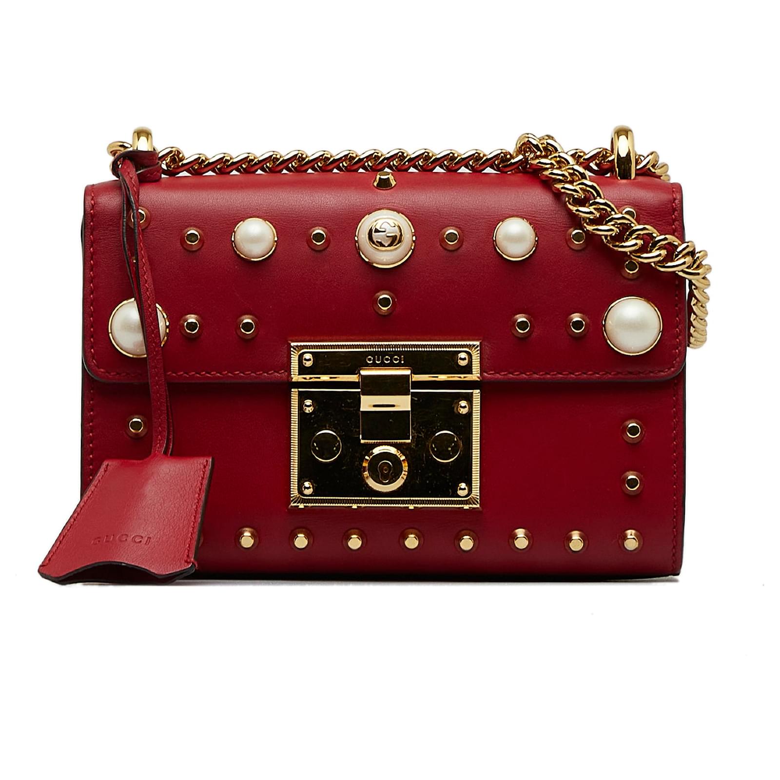 Gucci Red Small Pearl Studded Padlock Crossbody Bag Leather Pony-style ...