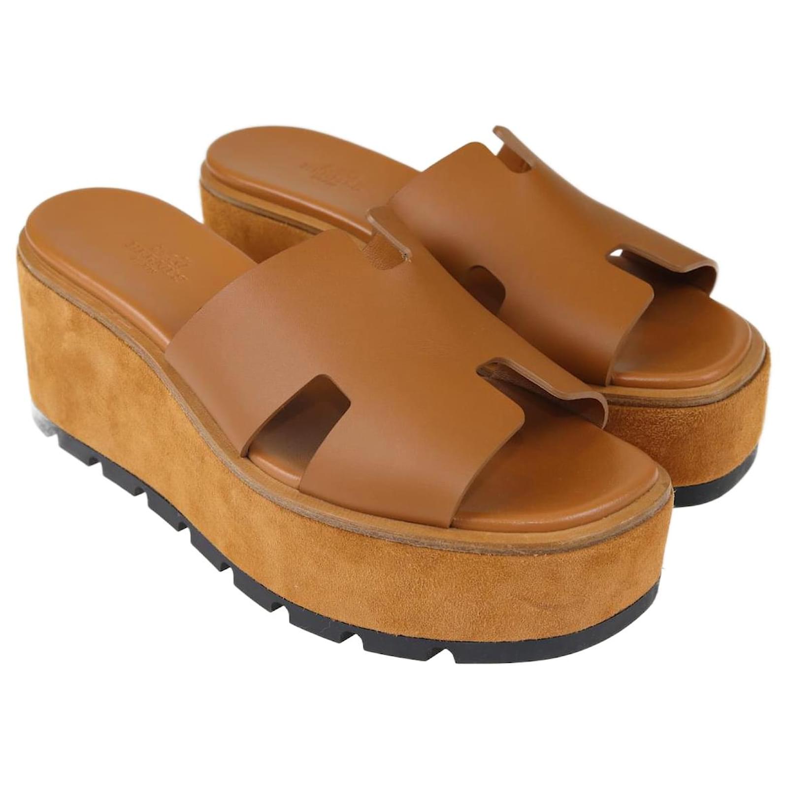 Hermès Brown Eze Platform Slide Sandals Leather ref.1214987 - Joli Closet