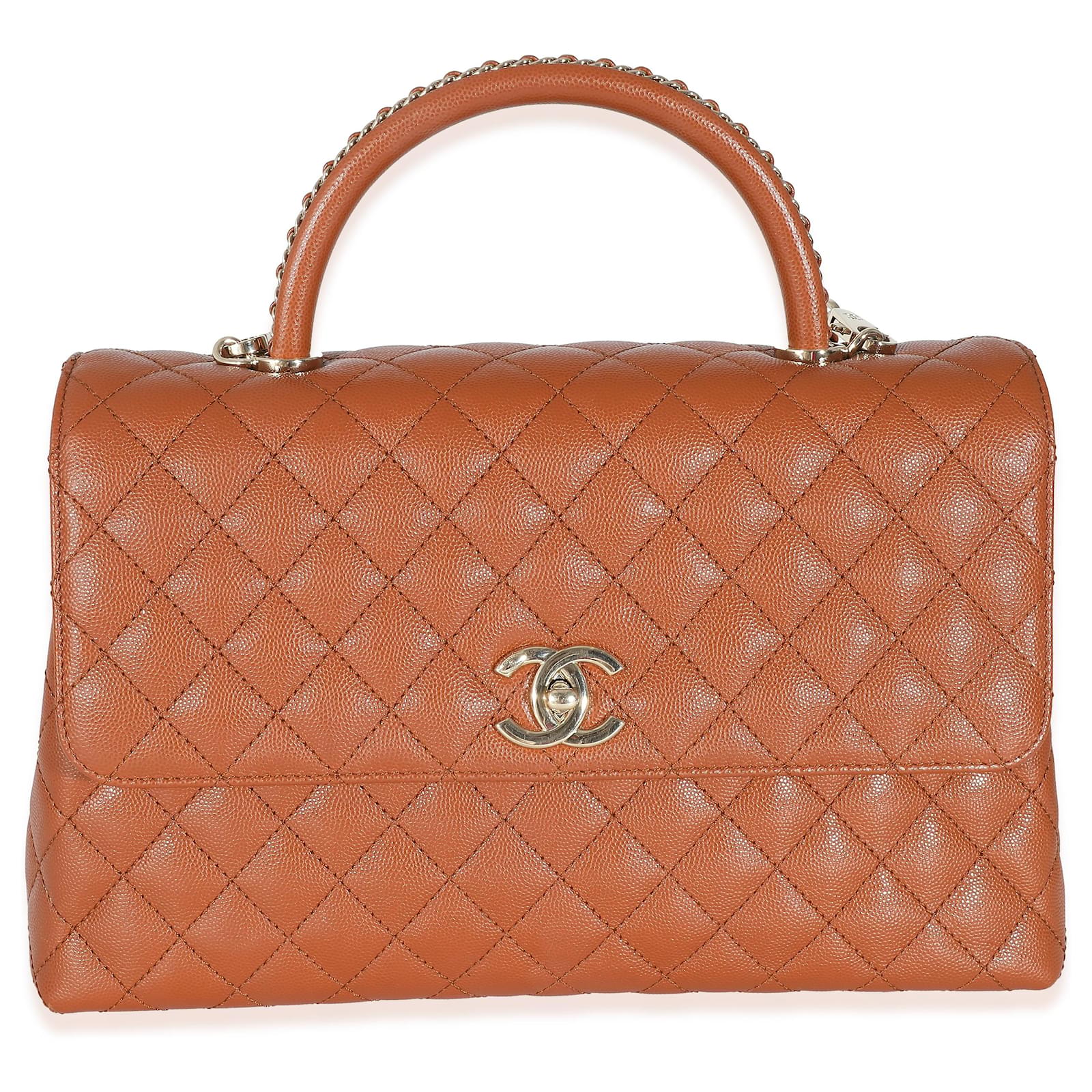 Timeless Chanel Brown Quilted Large Coco Chain Handle Flap Leather ref ...