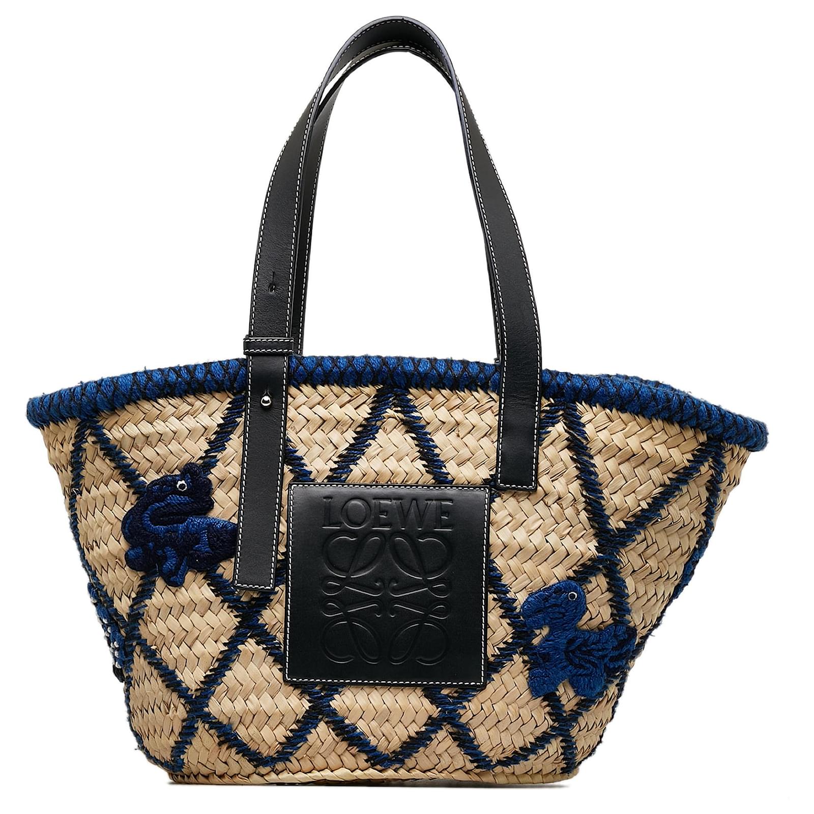 Loewe Brown Medium Animal Embroidered Raffia Basket Bag Beige ref ...