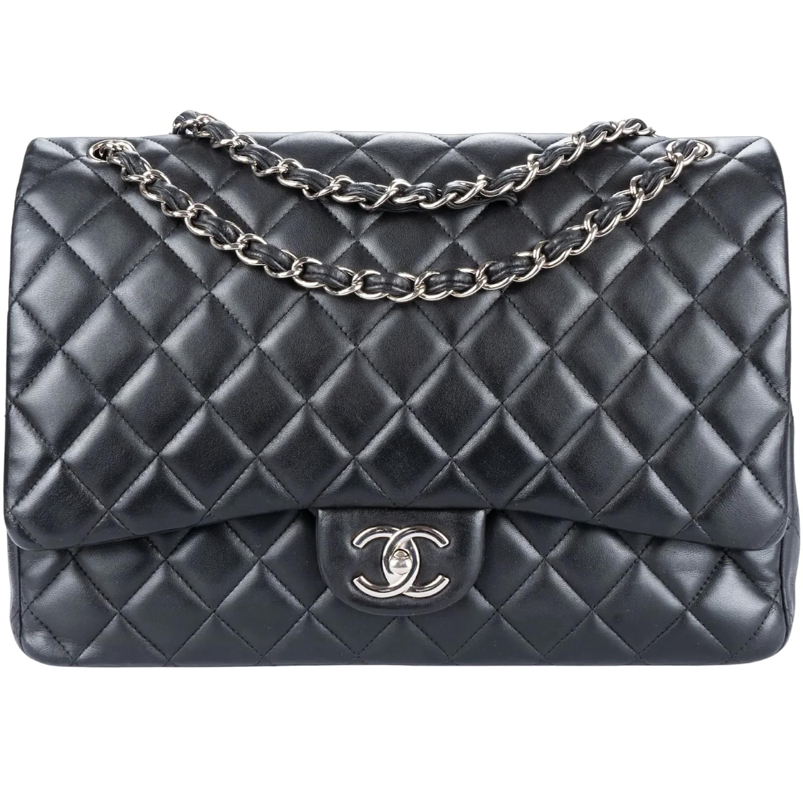 Chanel Quilted Lambskin Silver Hardware Maxi lined Flap Bag Black Cloth ...