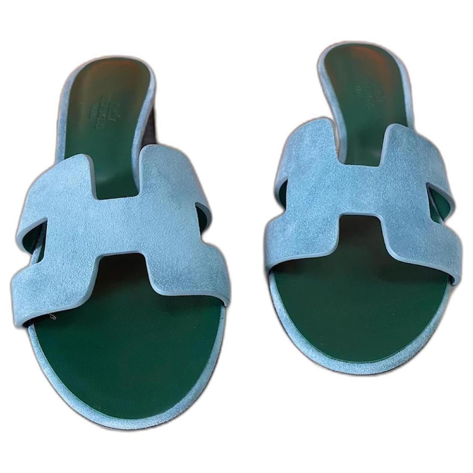 Hermès Hermes Oasis sandals with heel Green Light blue Deerskin ref ...