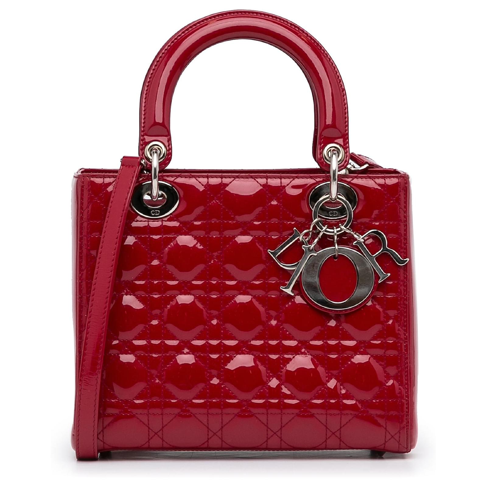 Red Dior Medium Patent Cannage Lady Dior Satchel Leather ref.1256064 ...