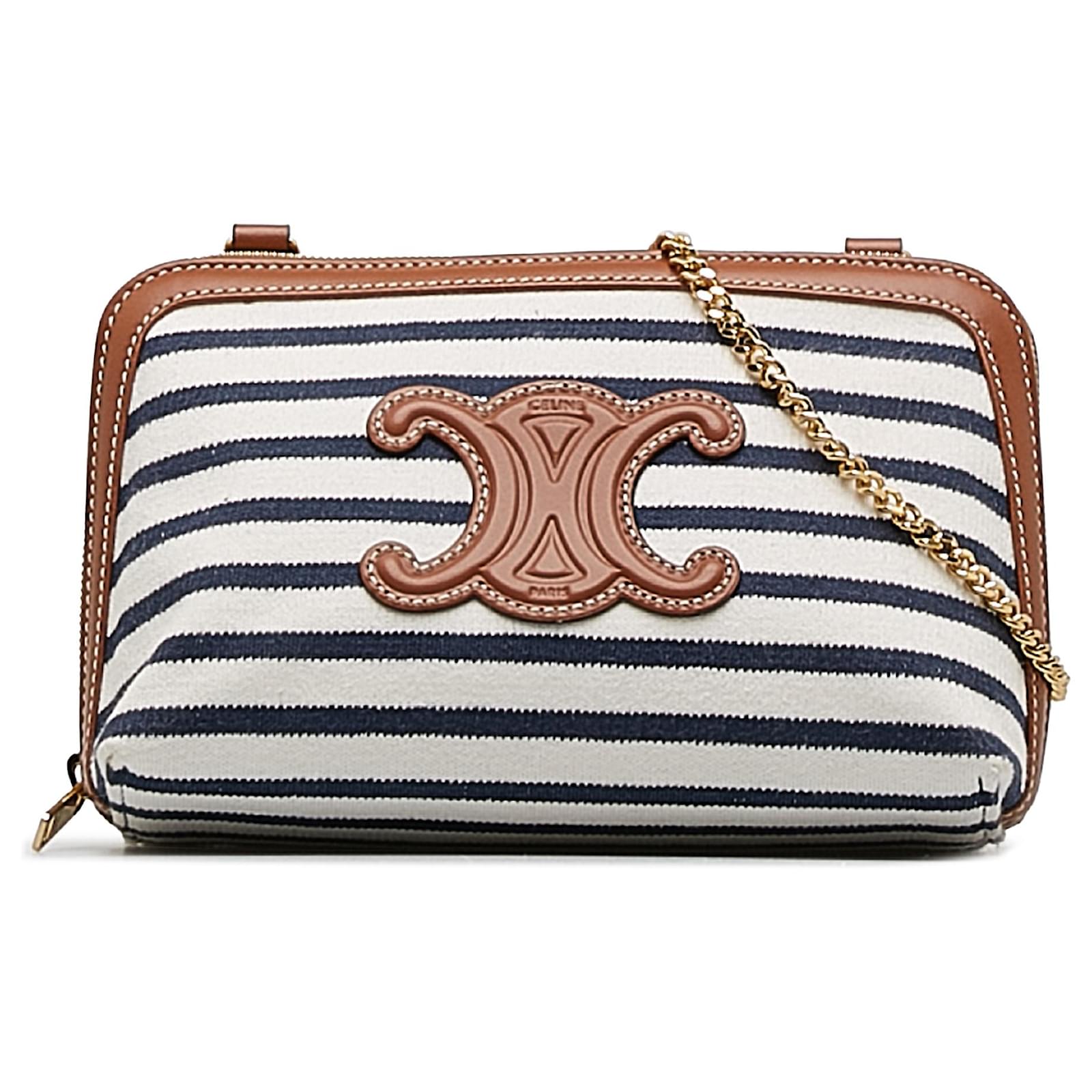 Céline Celine White Stripe Triomphe Clutch On Chain Cloth Cloth ref ...
