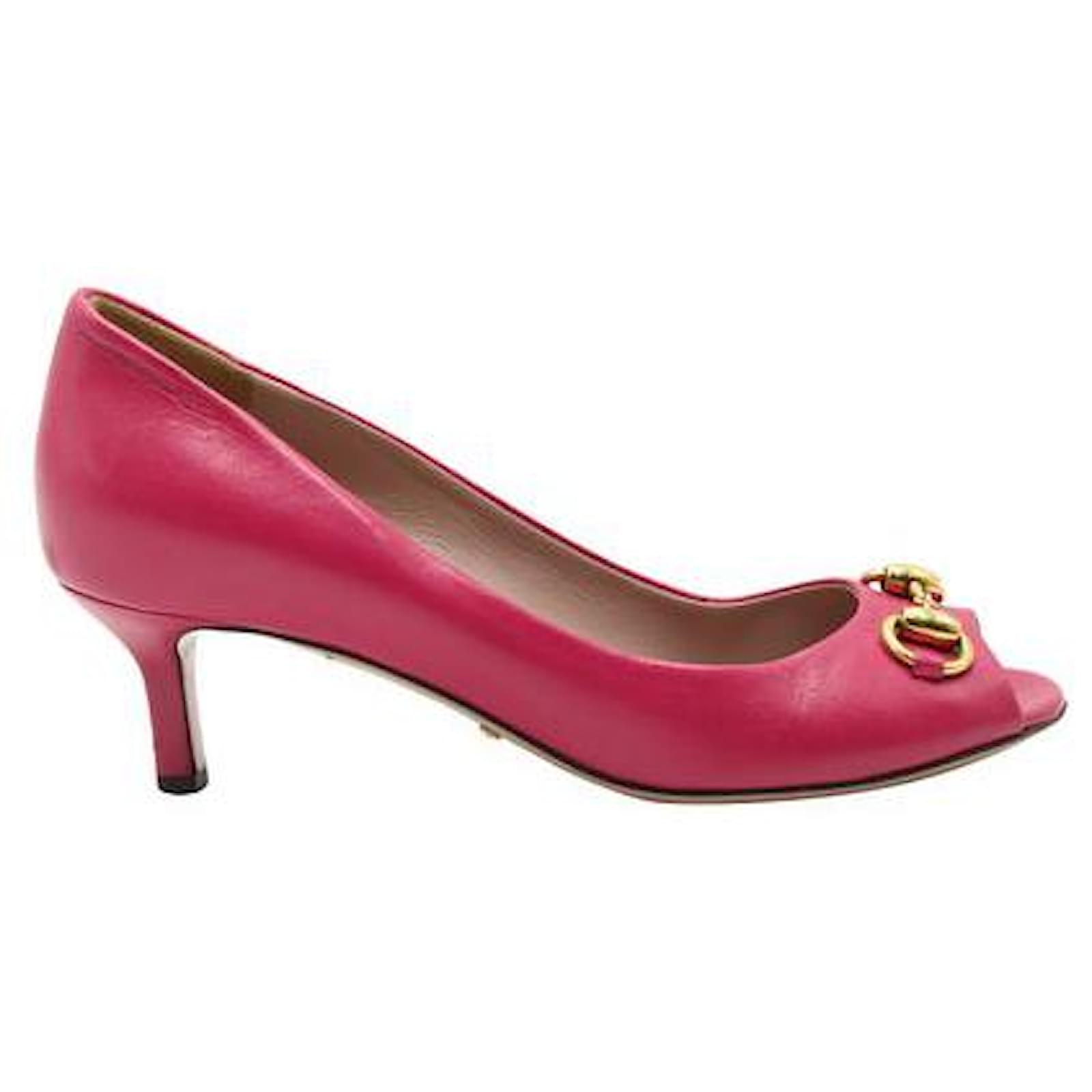 Gucci Candy Pink Horsebit Open-Toe Heels Leather ref.1284593 - Joli Closet