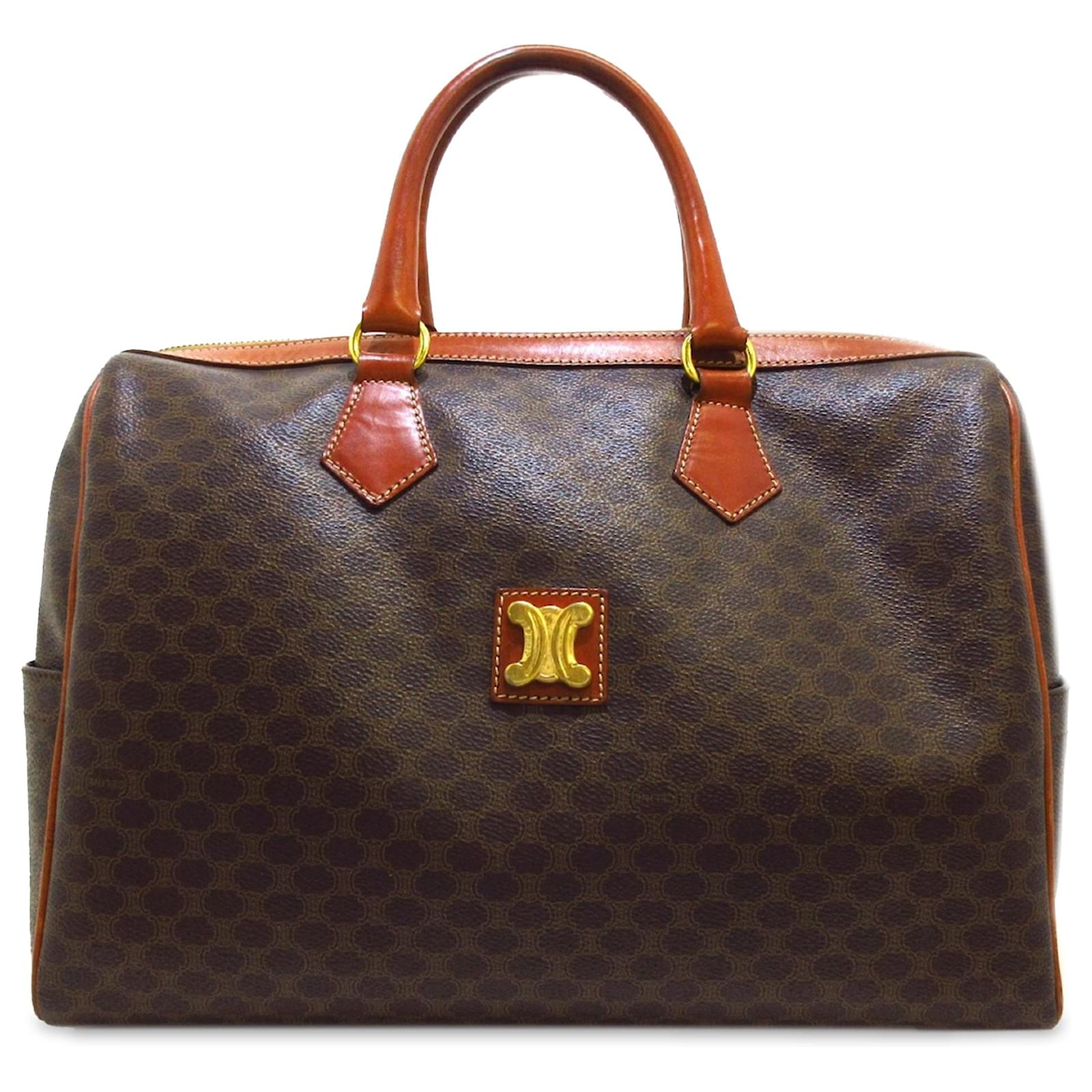 Céline Celine Brown Macadam Boston Bag Leather Cloth Pony-style ...