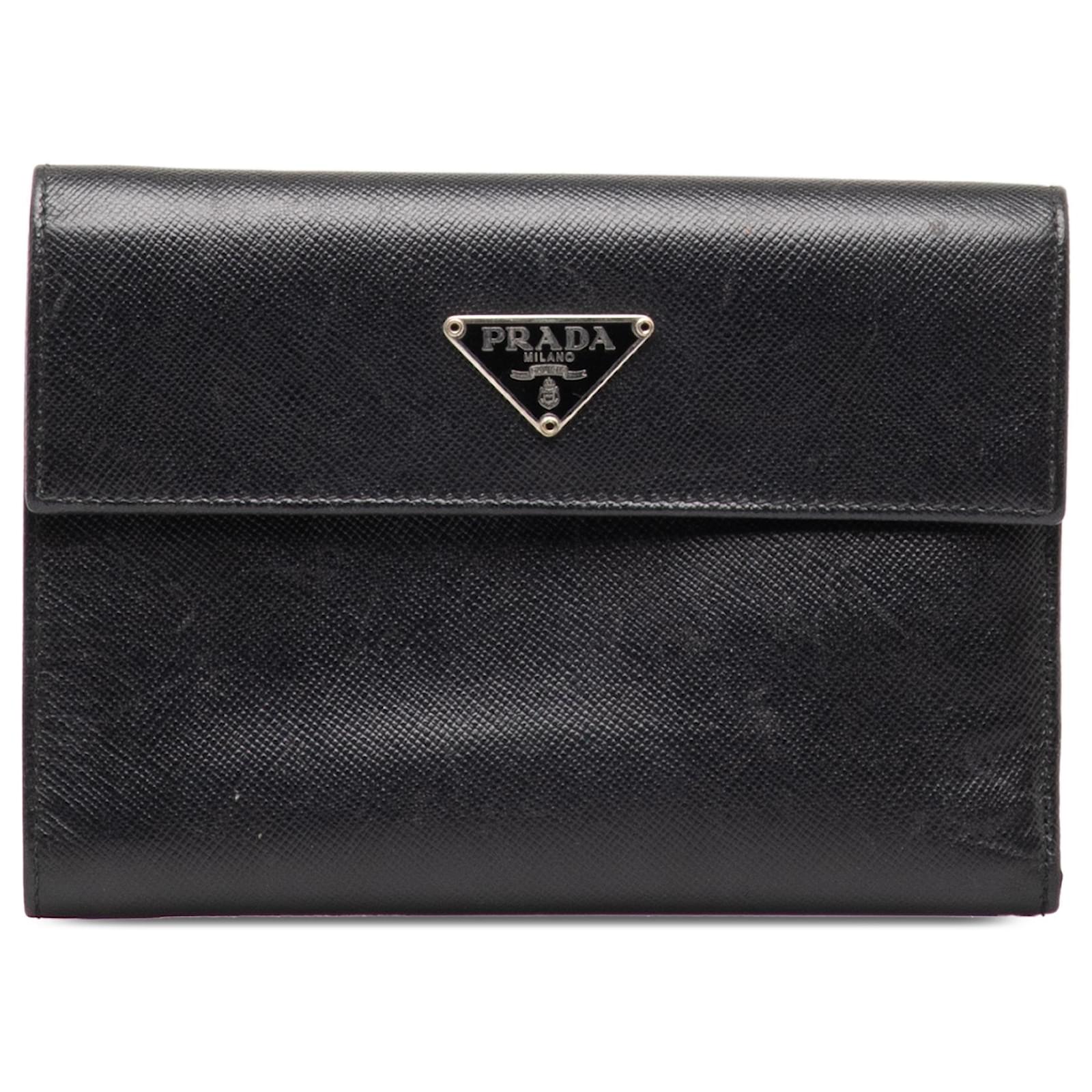 Prada Black Saffiano Trifold Compact Wallet Leather Pony-style calfskin ...